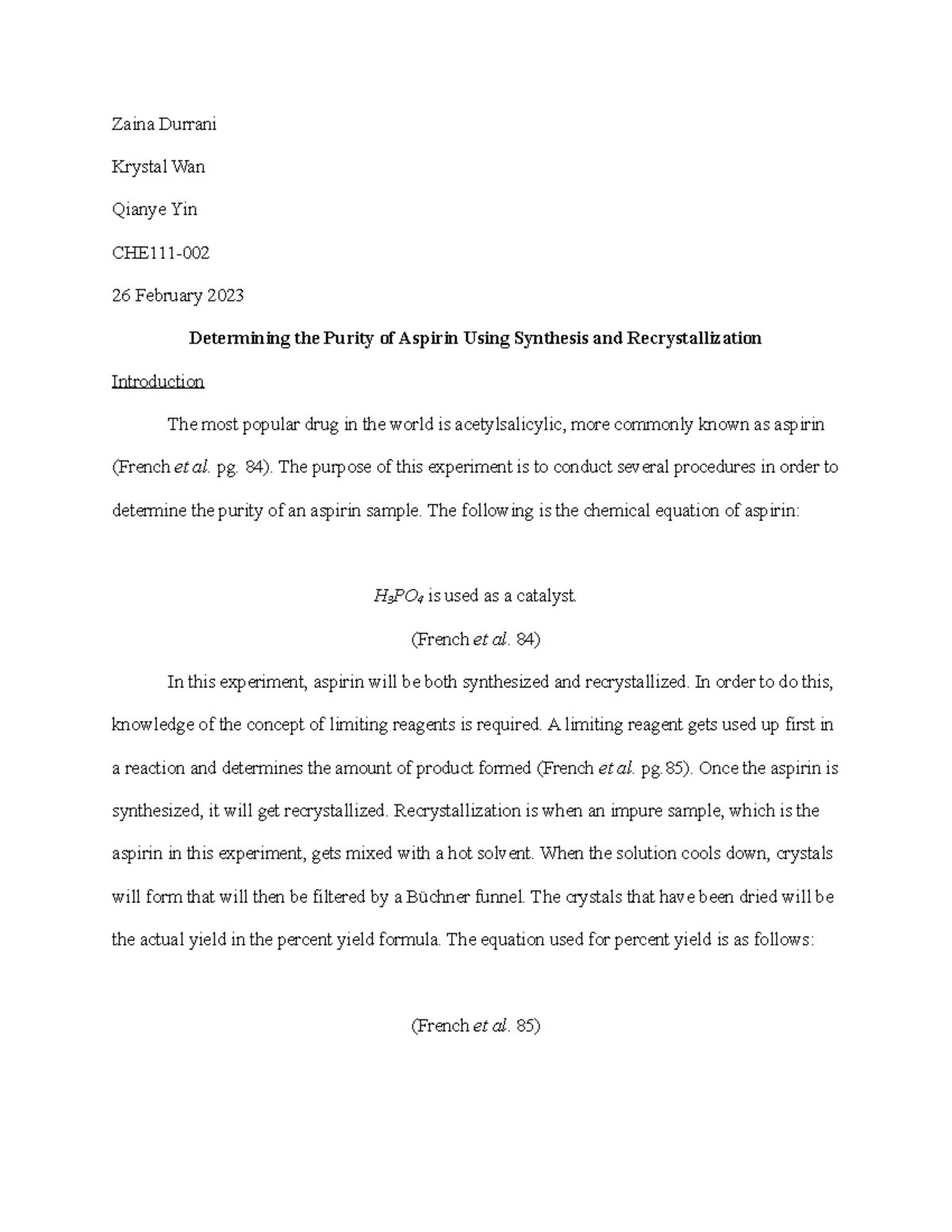 5 Durrani Zaina-4 - lab report experiment 5 - Zaina Durrani Krystal Wan Qianye Yin CHE111- 26 ...