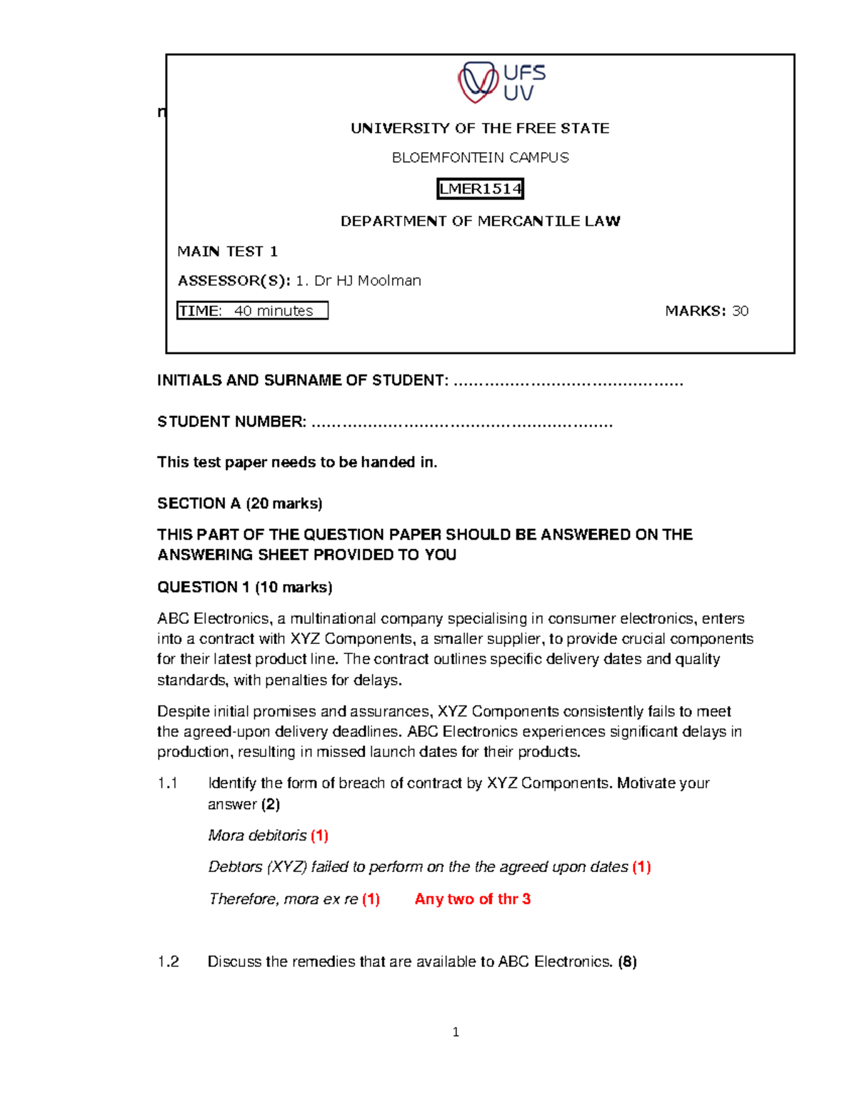 01 Main test 2 with memo for students - 1 n INITIALS AND SURNAME OF ...