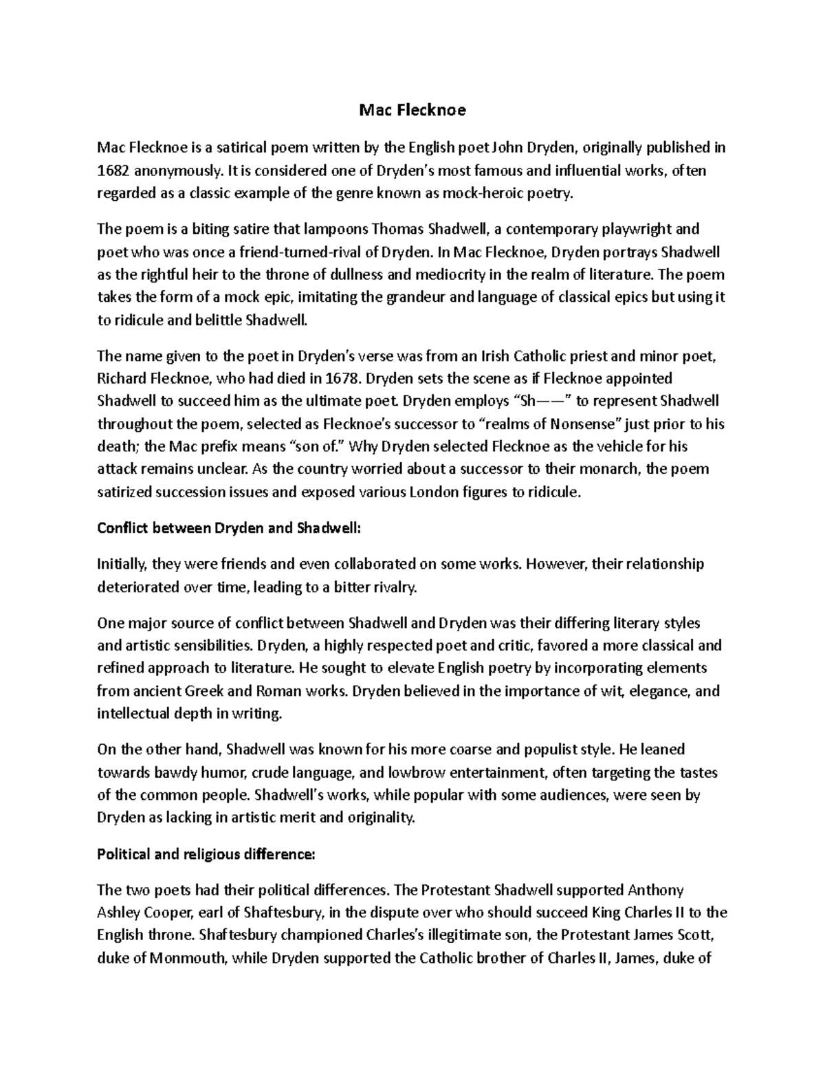 Mac Flecknoe 1-61 - Mac Flecknoe Mac Flecknoe is a satirical poem ...