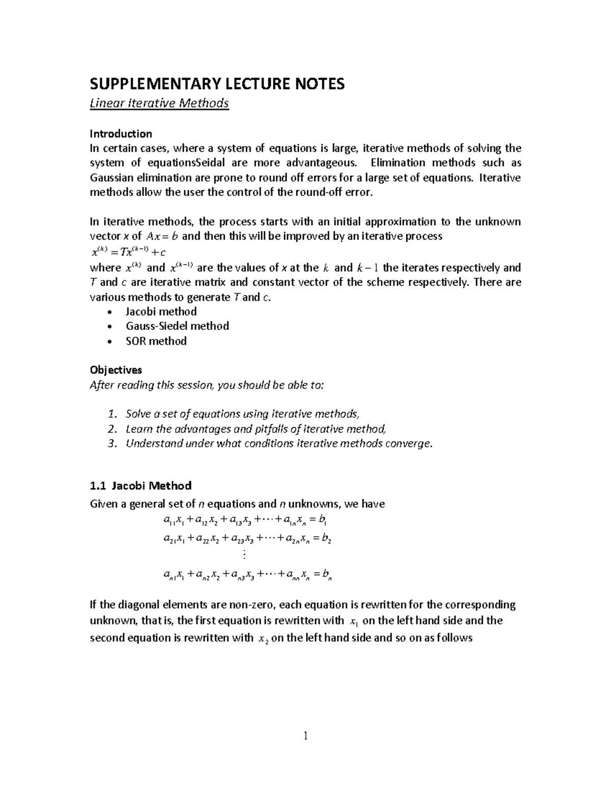 21linear Iterative Methods Supplementary Lecture Notes Linear Iterative Methods Introduction