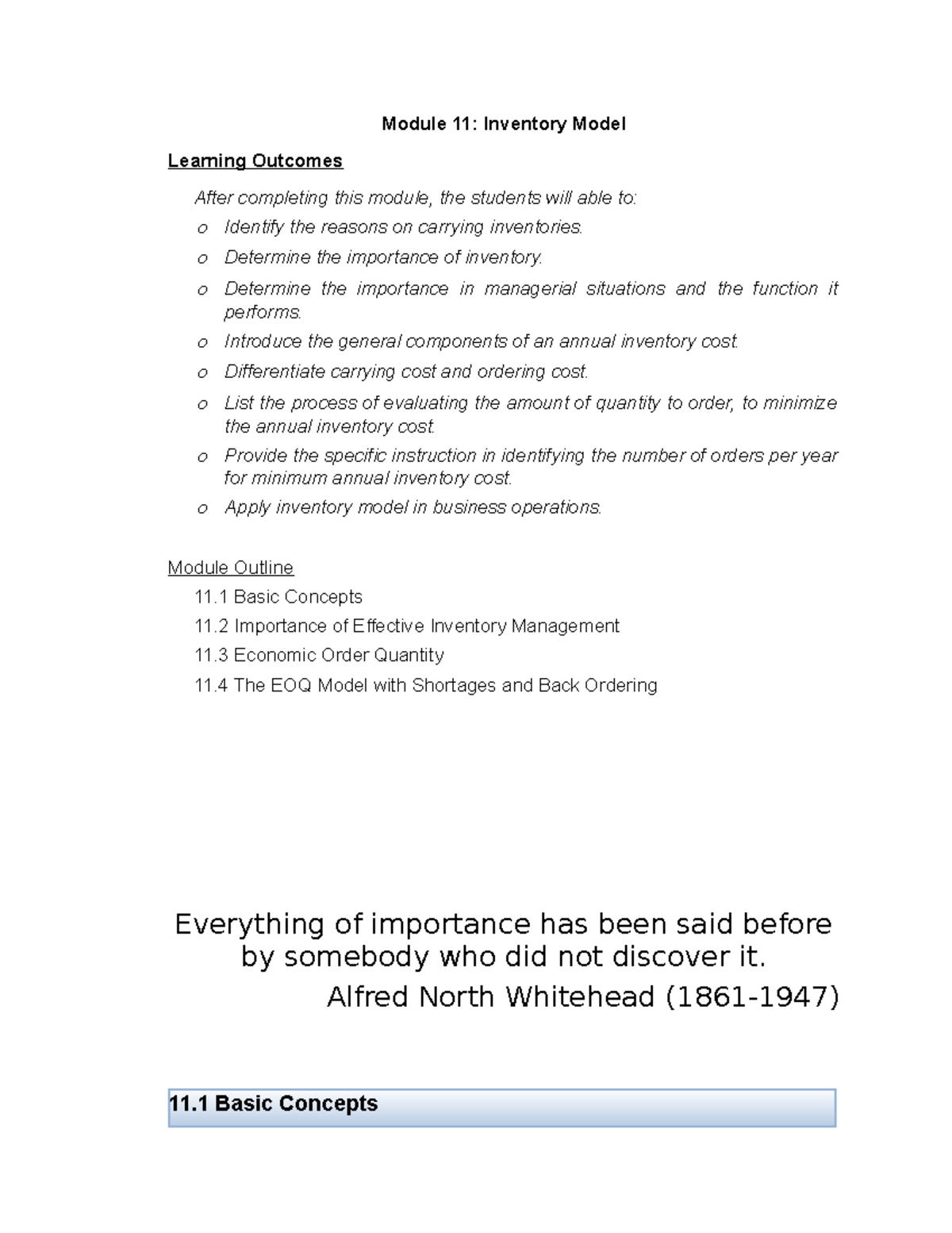 Acctg - management science - Module 11: Inventory Model Learning ...