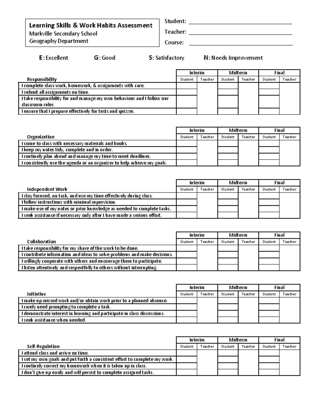 Learning skills self Evaluation - E: Excellent G: Good S: Satisfactory ...