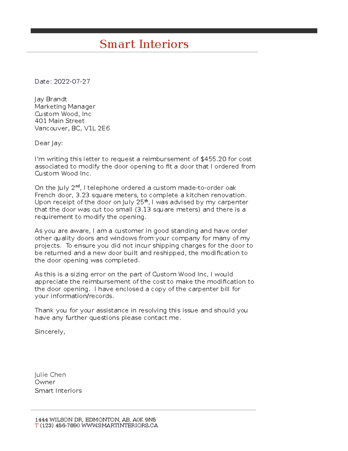 Assignment 2 Letter Smart Interiors Date 2022 07 Jay Brandt Marketing Manager Custom Wood