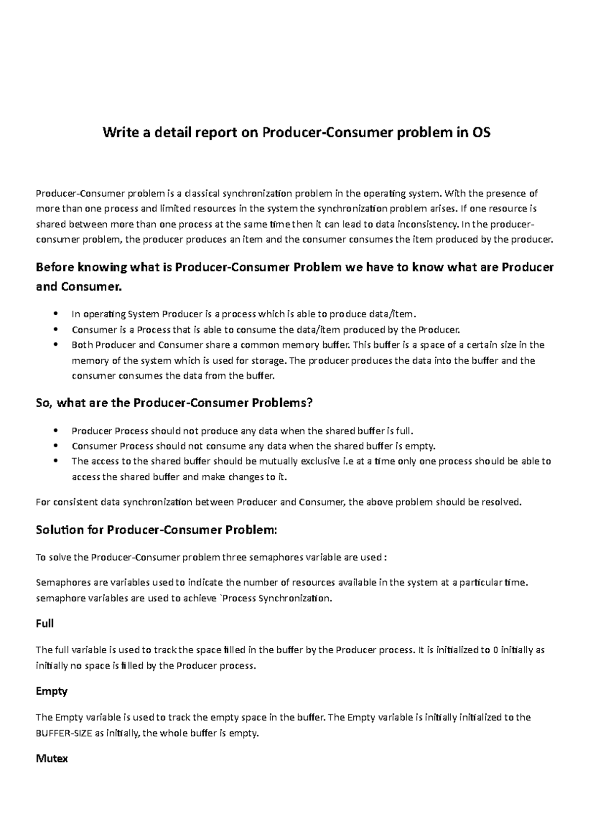 BSCS(Operating System) - Write a detail report on Producer-Consumer ...
