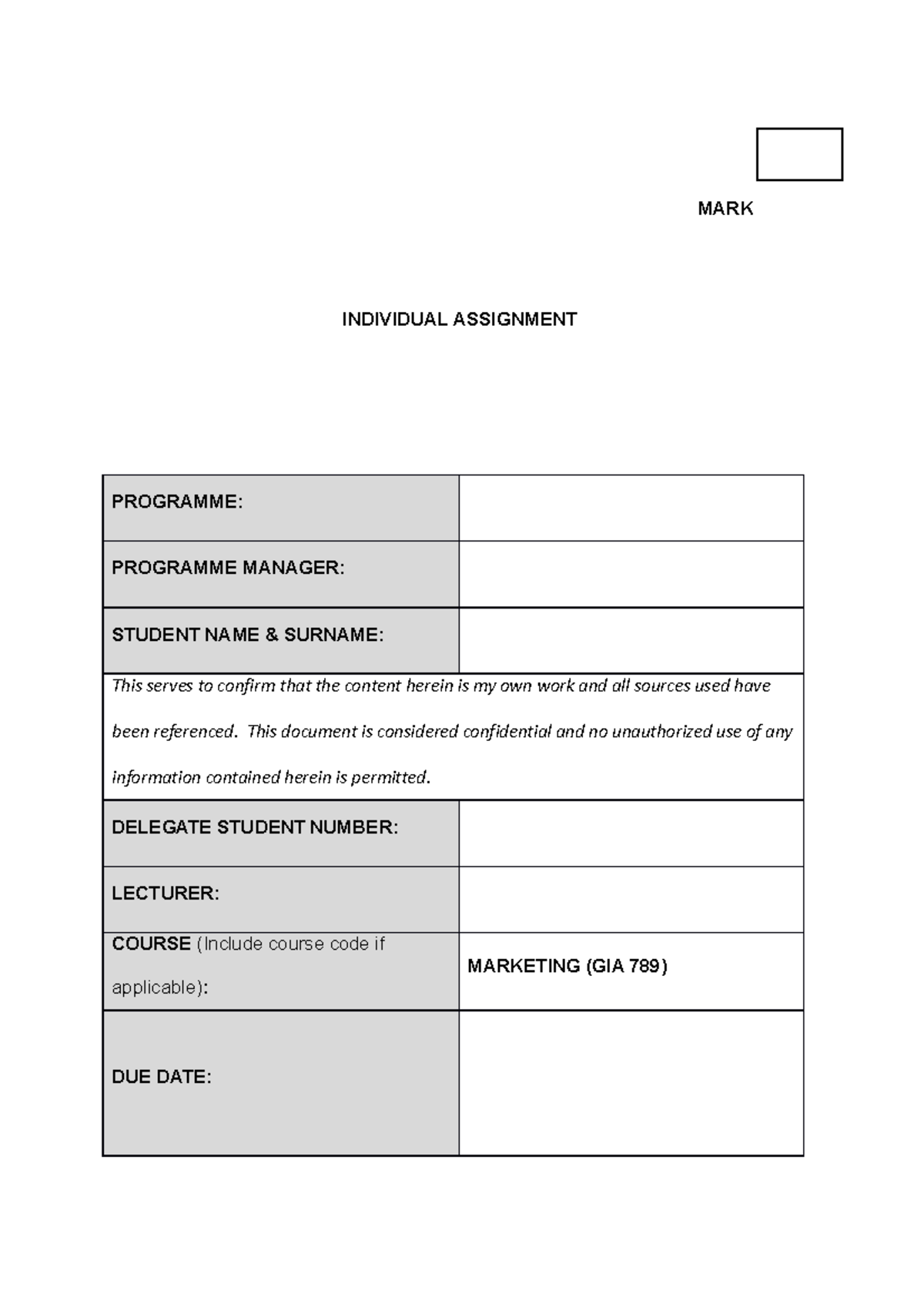 Marketing assignment - MARK INDIVIDUAL ASSIGNMENT PROGRAMME: PROGRAMME ...