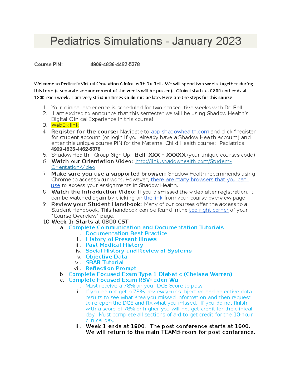 Ped Simulations Instructions - Pediatrics Simulations - January 2023 ...