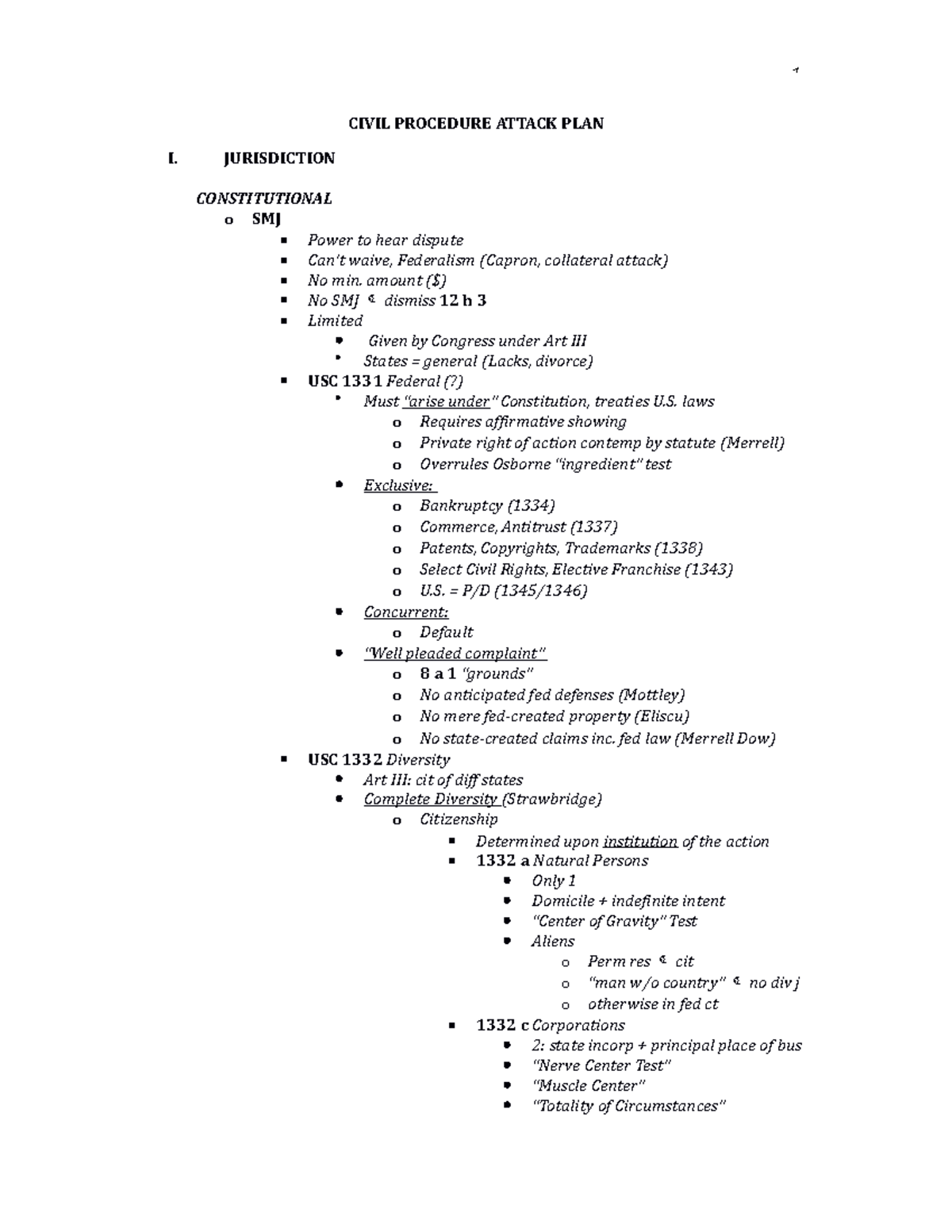 Civil Procedure - Miller - Fall 2008 - CIVIL PROCEDURE ATTACK PLAN I ...