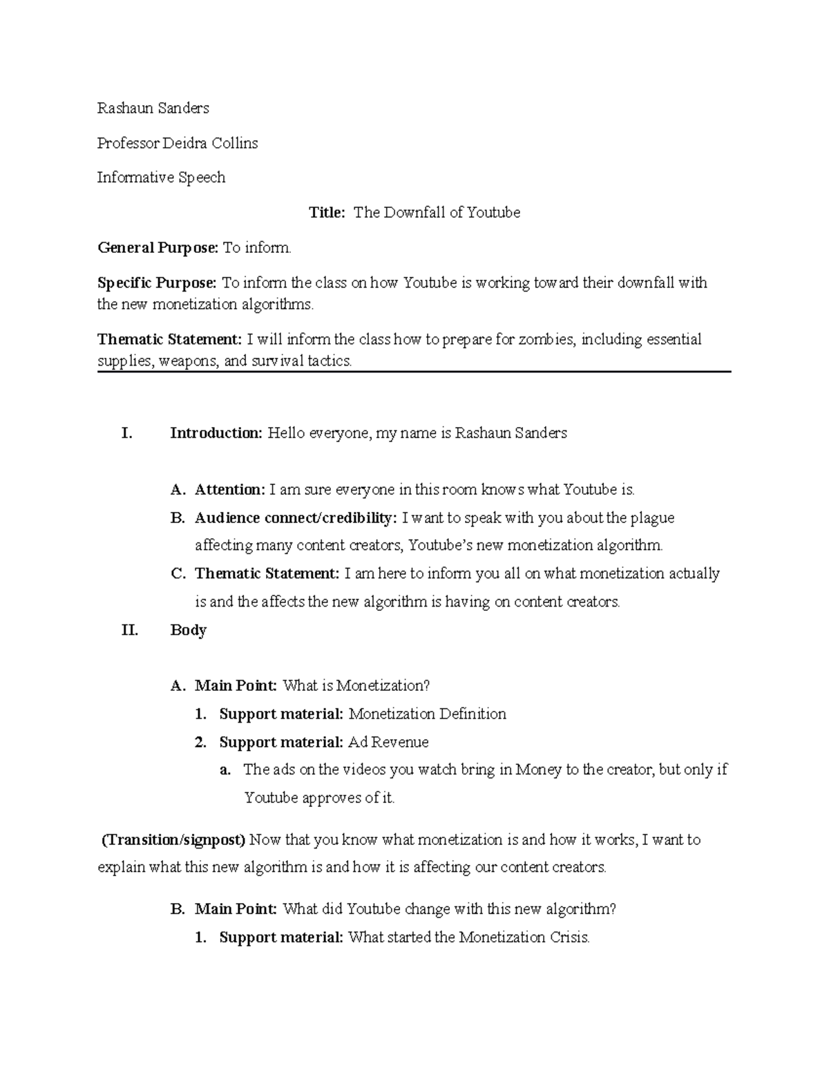 Outline -Informative - Rashaun Sanders Professor Deidra Collins ...