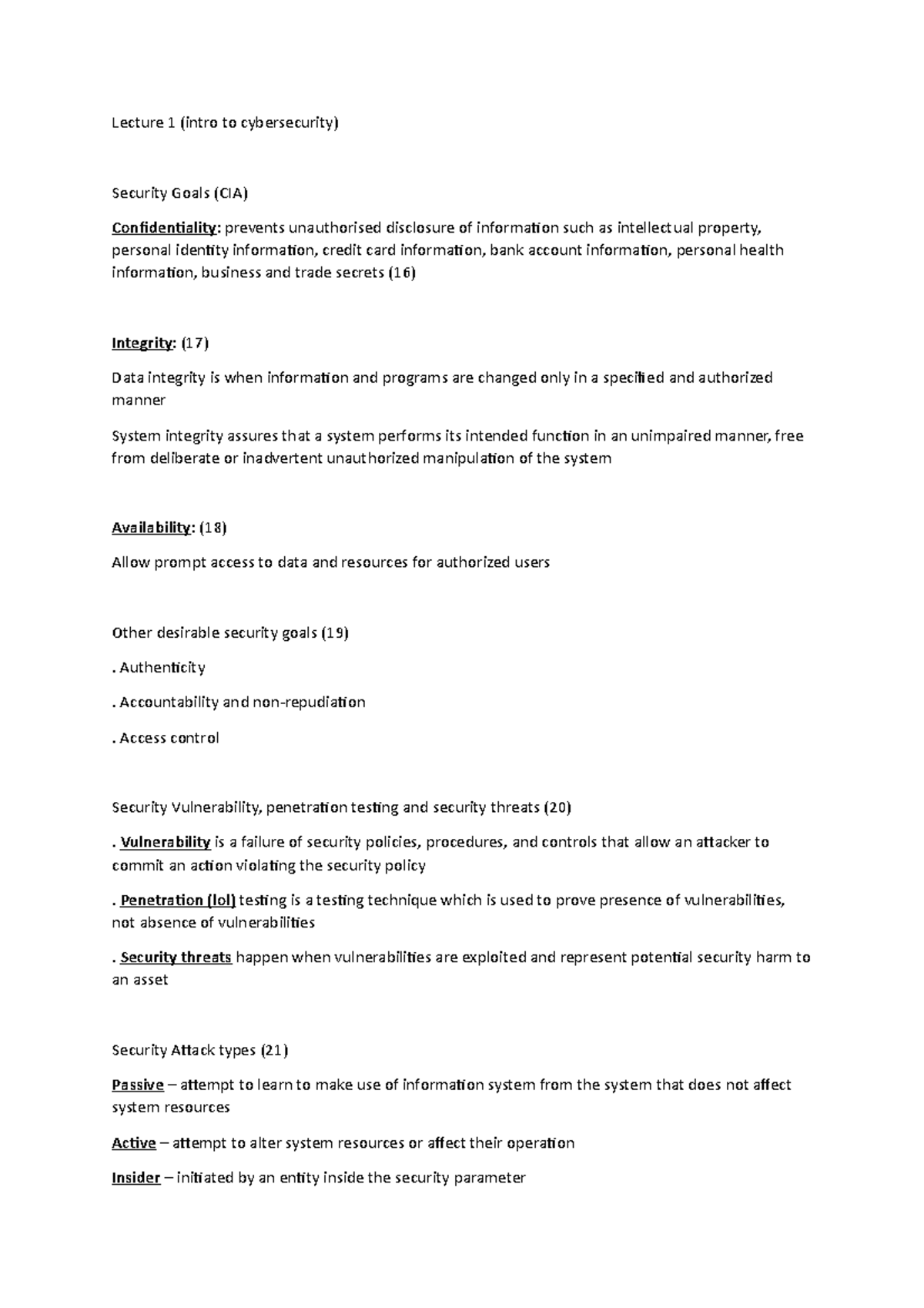 Cyber Sec Notes - Lecture 1 (intro to cybersecurity) Security Goals ...