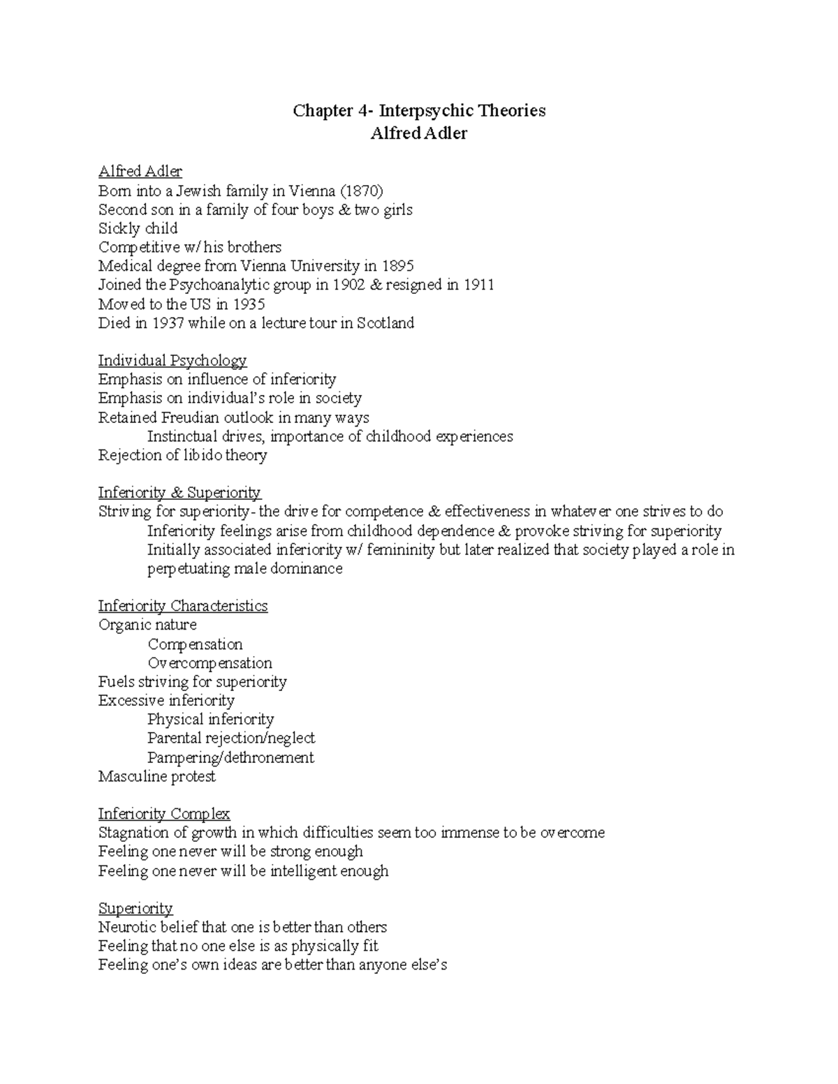 PY 368 Chapter 4- Alfred Adler - Chapter Interpsychic Theories Alfred ...