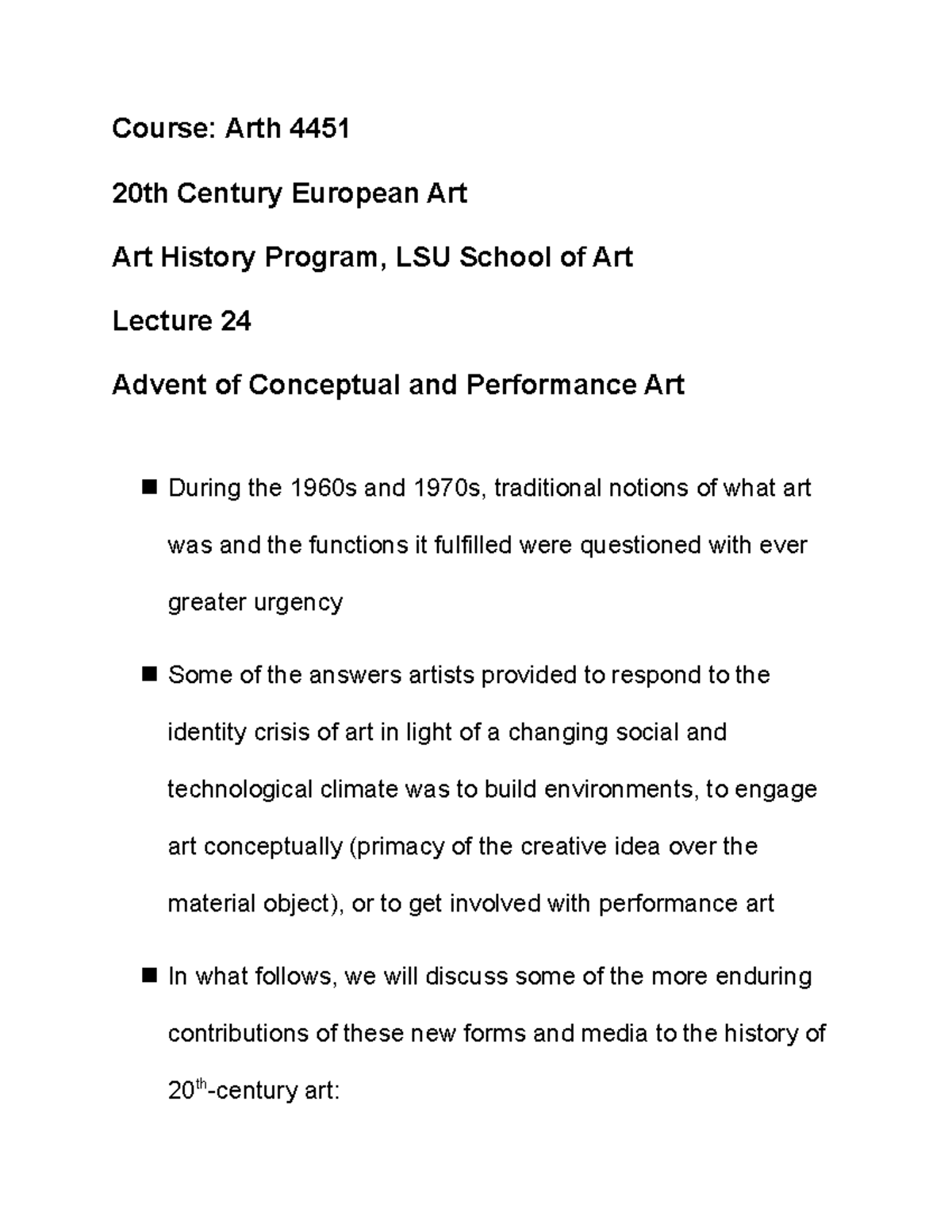 Beuys - 20th Century Art History Notes - Course: Arth 4451 20th Century ...