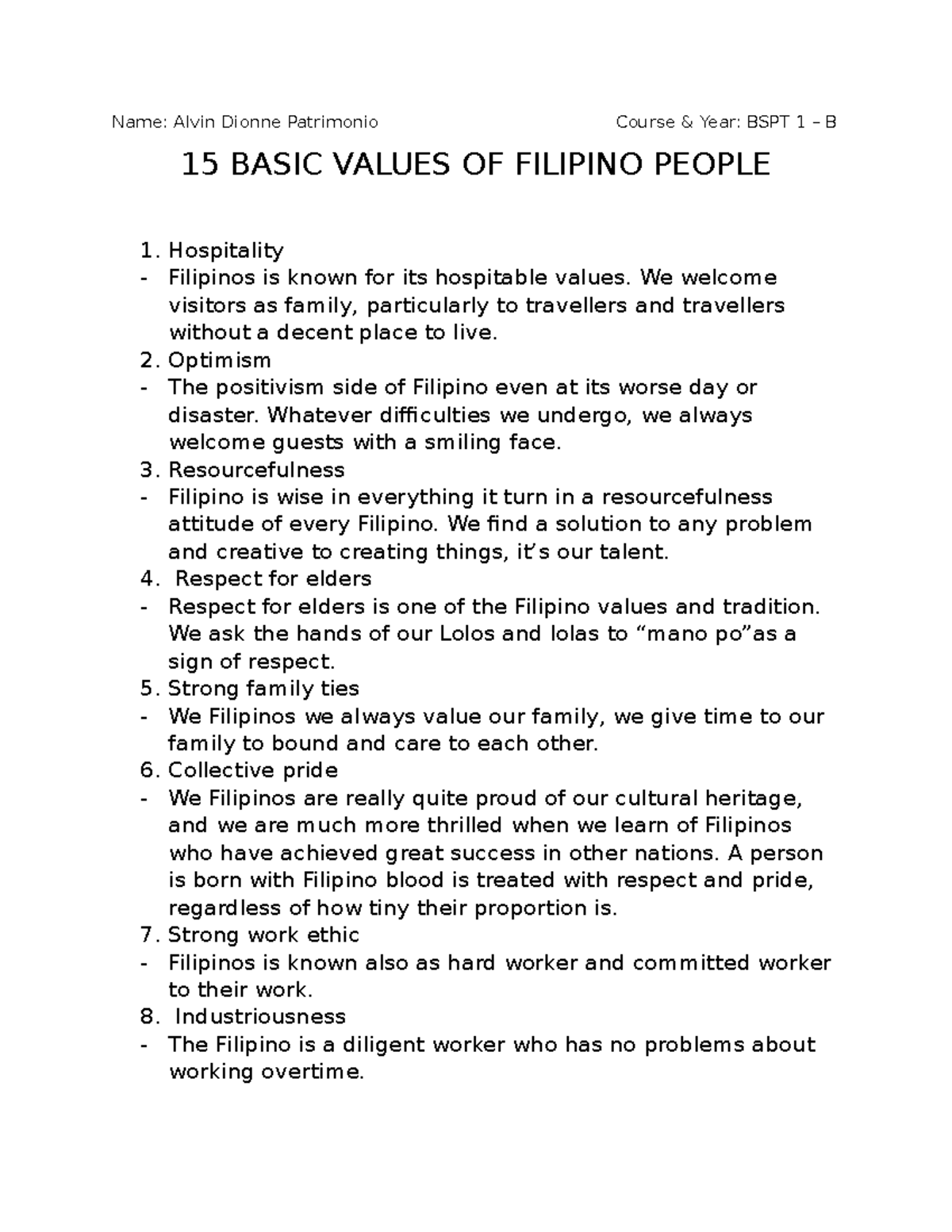 15 basic values of Filipino people Alvin - Name: Alvin Dionne ...