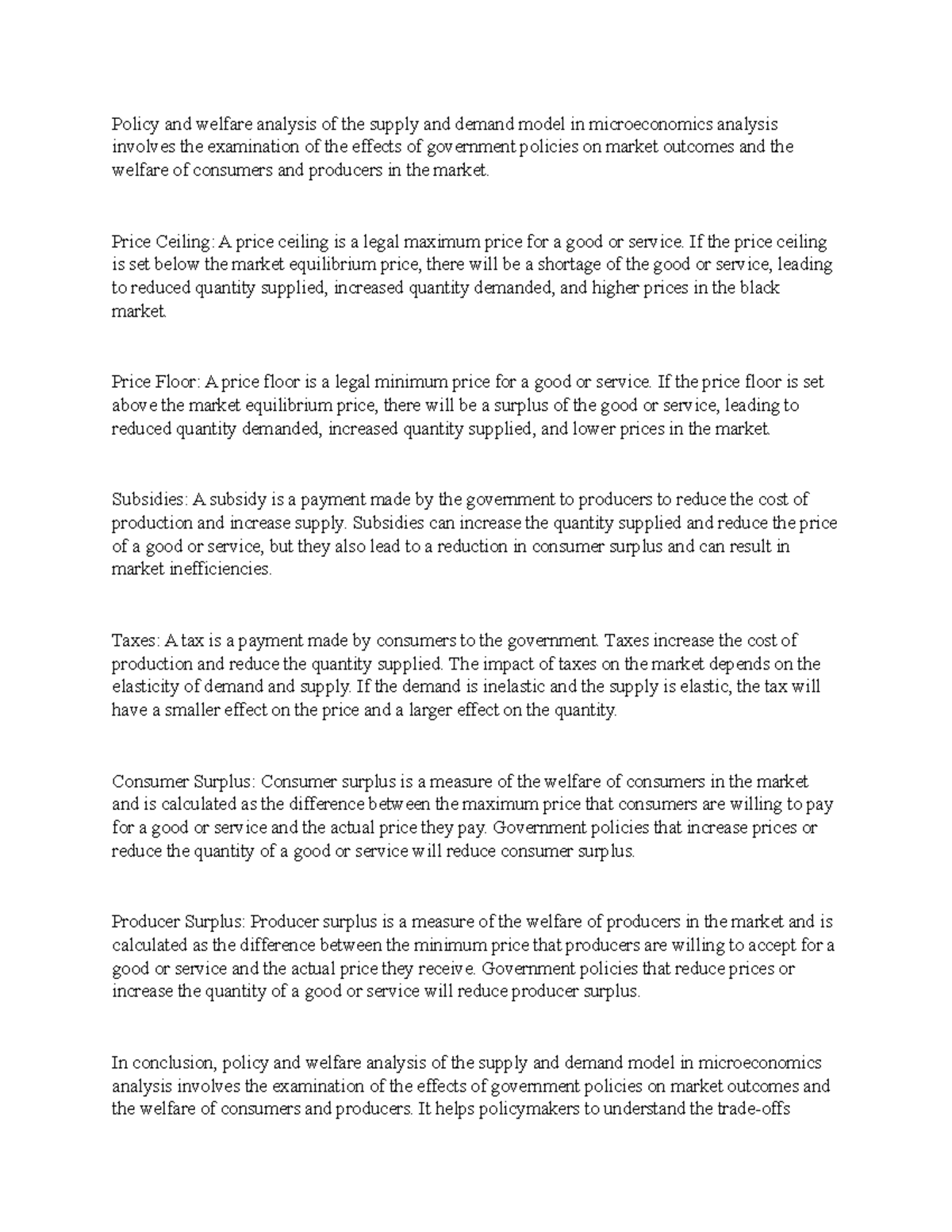 EC2 - Notes on policy and welfare analysis of supply and demand model ...