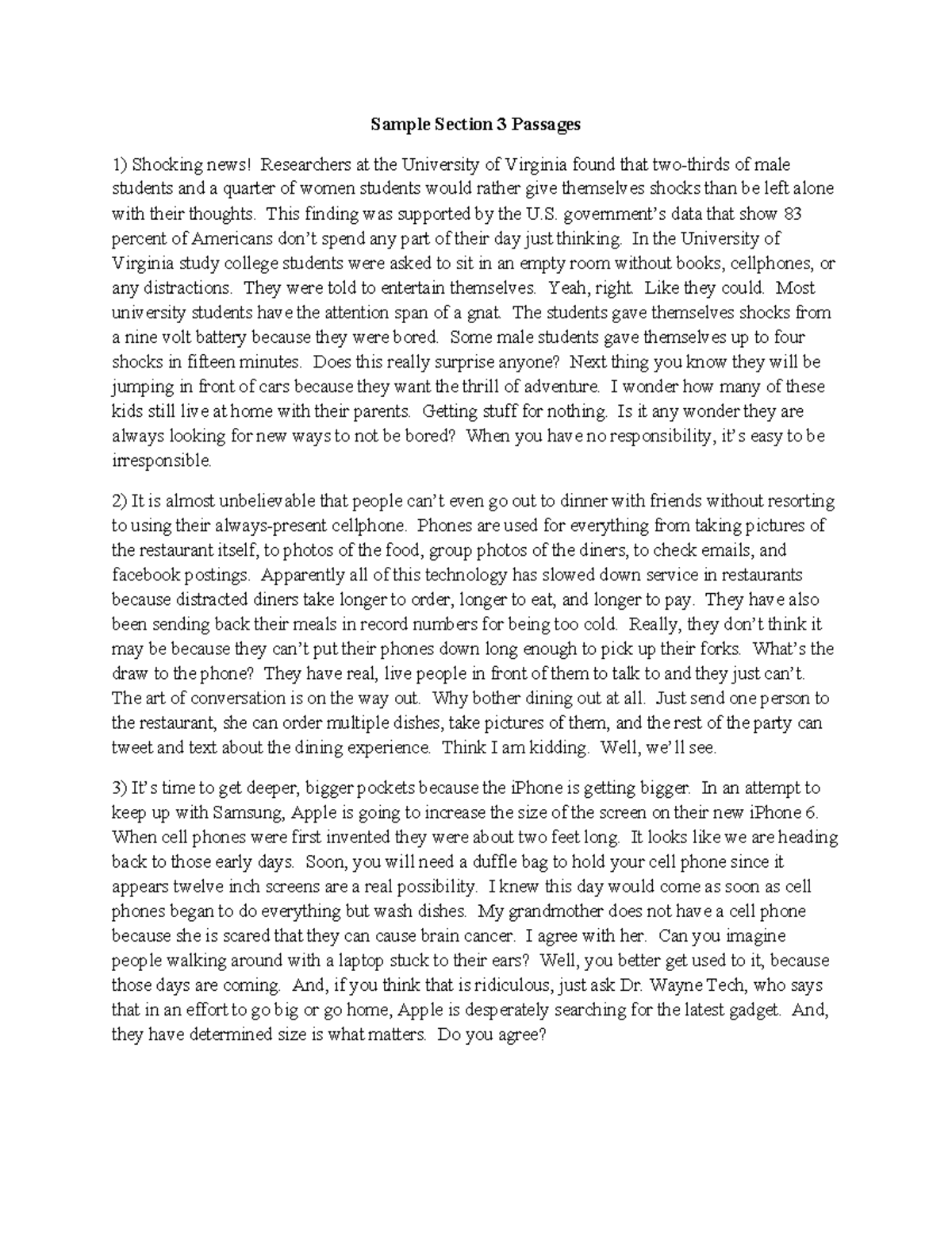 Sample Critical Thinking - Sample Section 3 Passages Shocking news ...