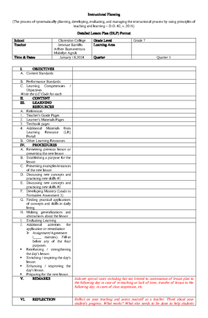 Detailed Lesson PLAN SIR Faust - Instructional Planning (The process of ...