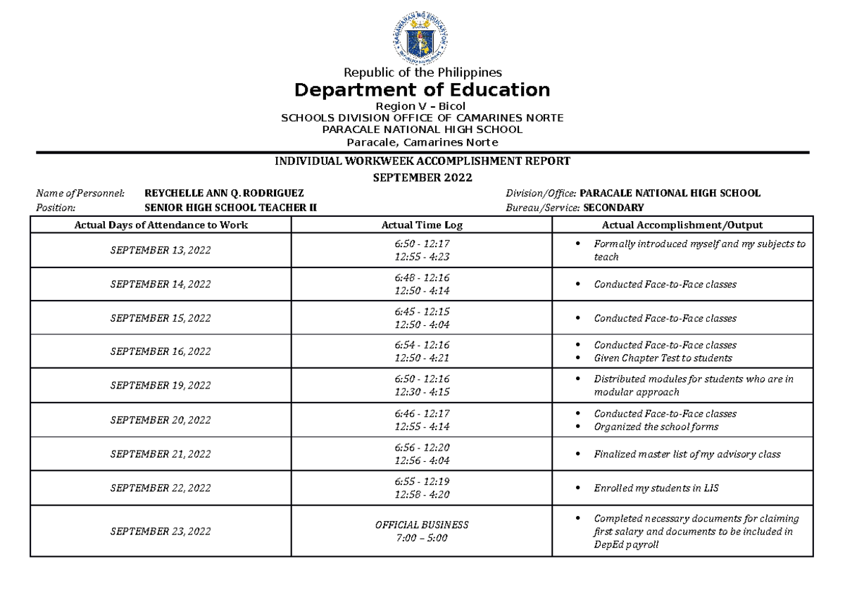 Individual Workweek Accomplishment Report - Republic of the Philippines ...