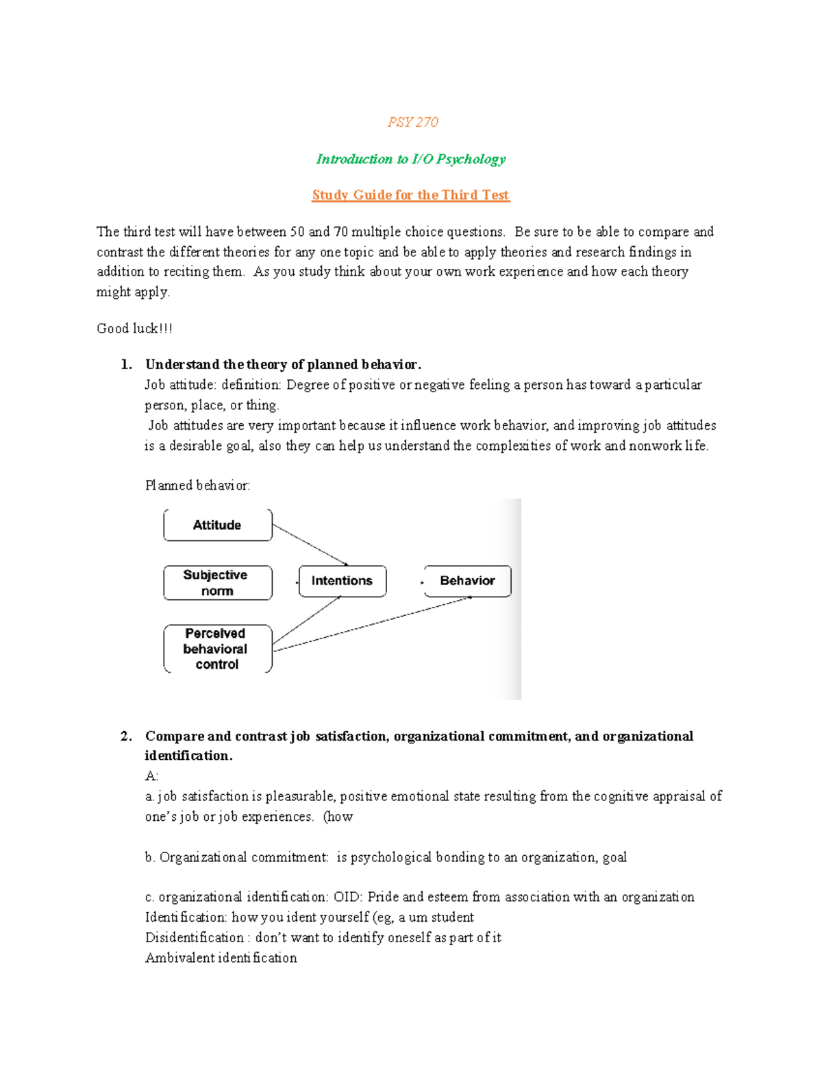 PSY 270 Exam 3 Study Guide - PSY 270 Introduction to I/O Psychology ...