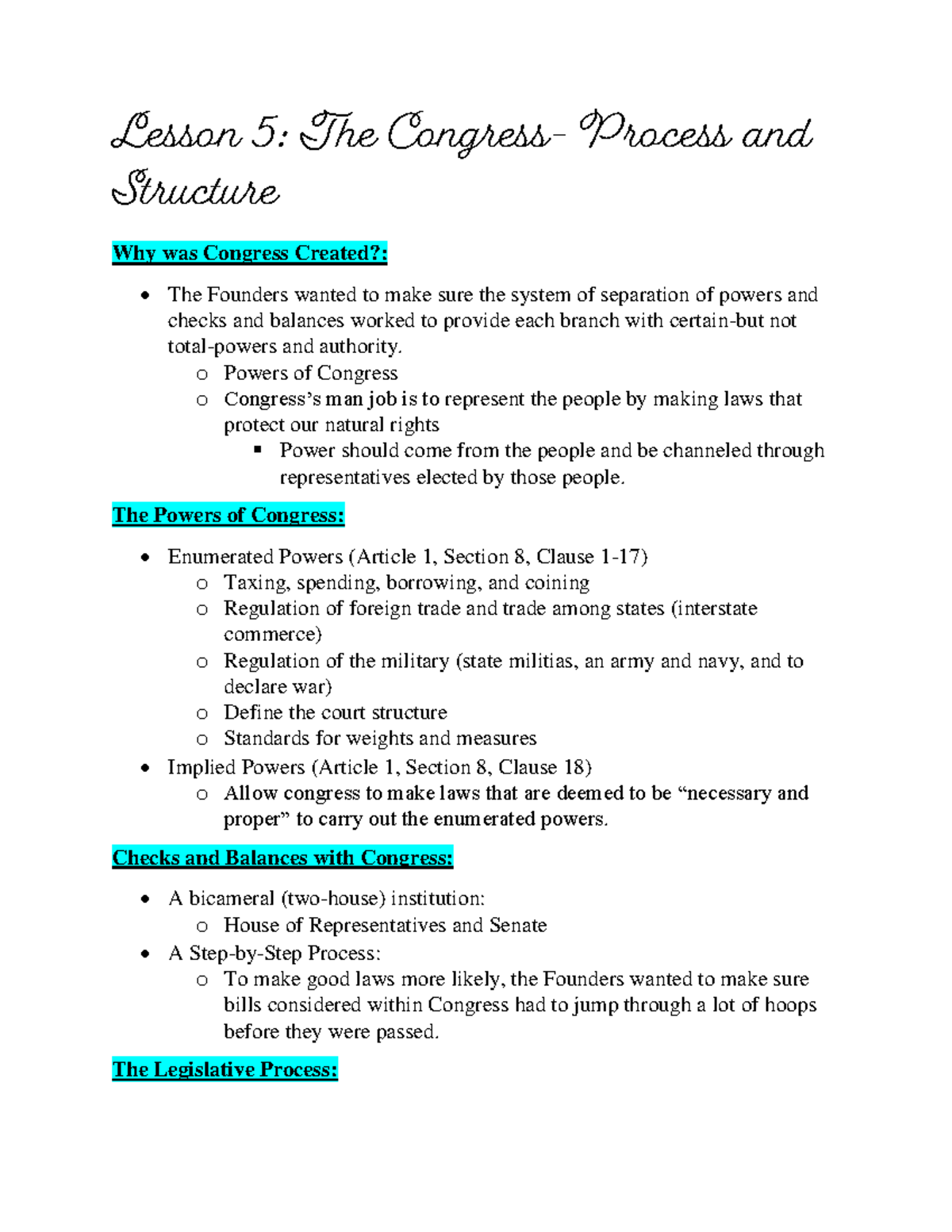 Lesson 5- The Congress Notes - Lesson 5: The Congress- Process and ...