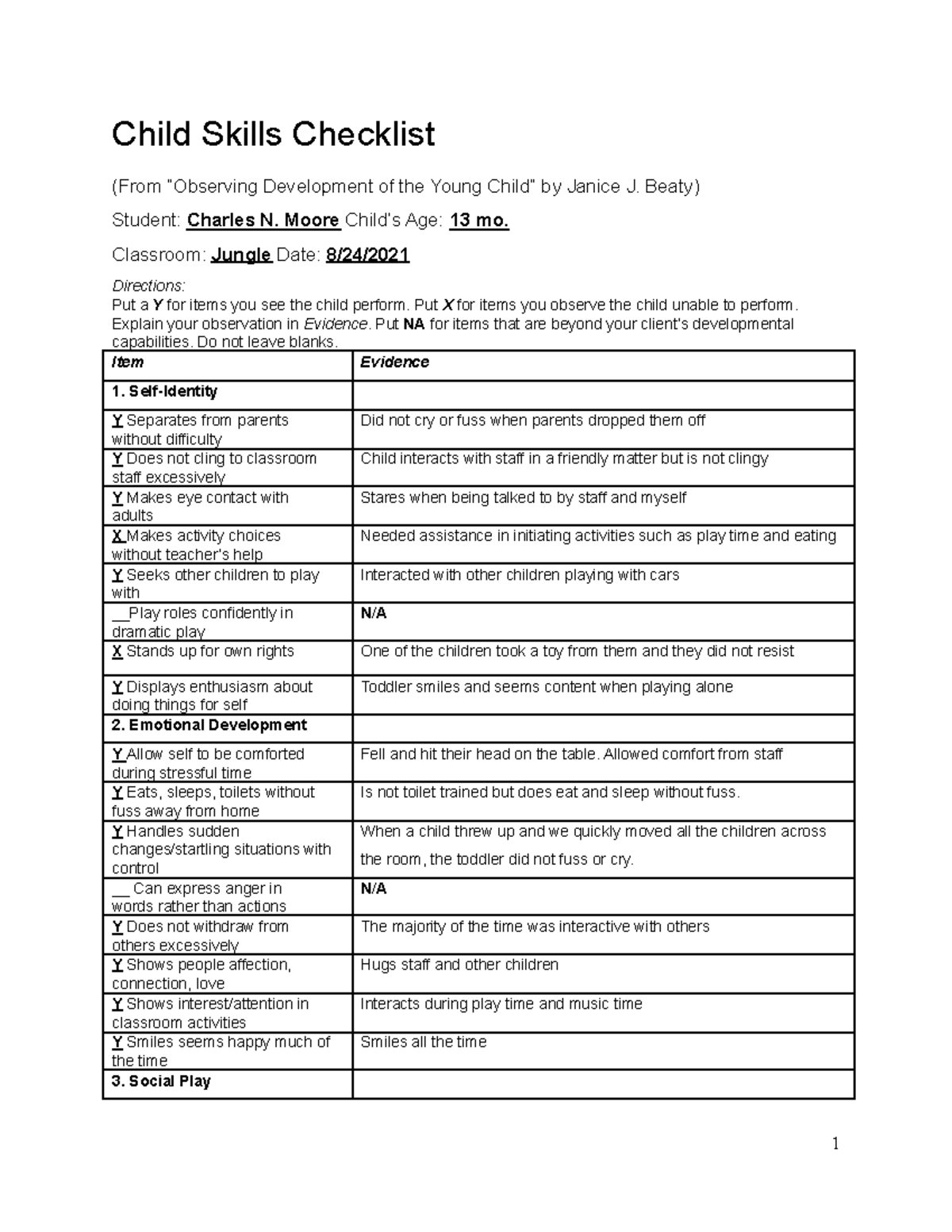 Child Skills Checklist - Preschool Week 4.docx - Child Skills Checklist ...