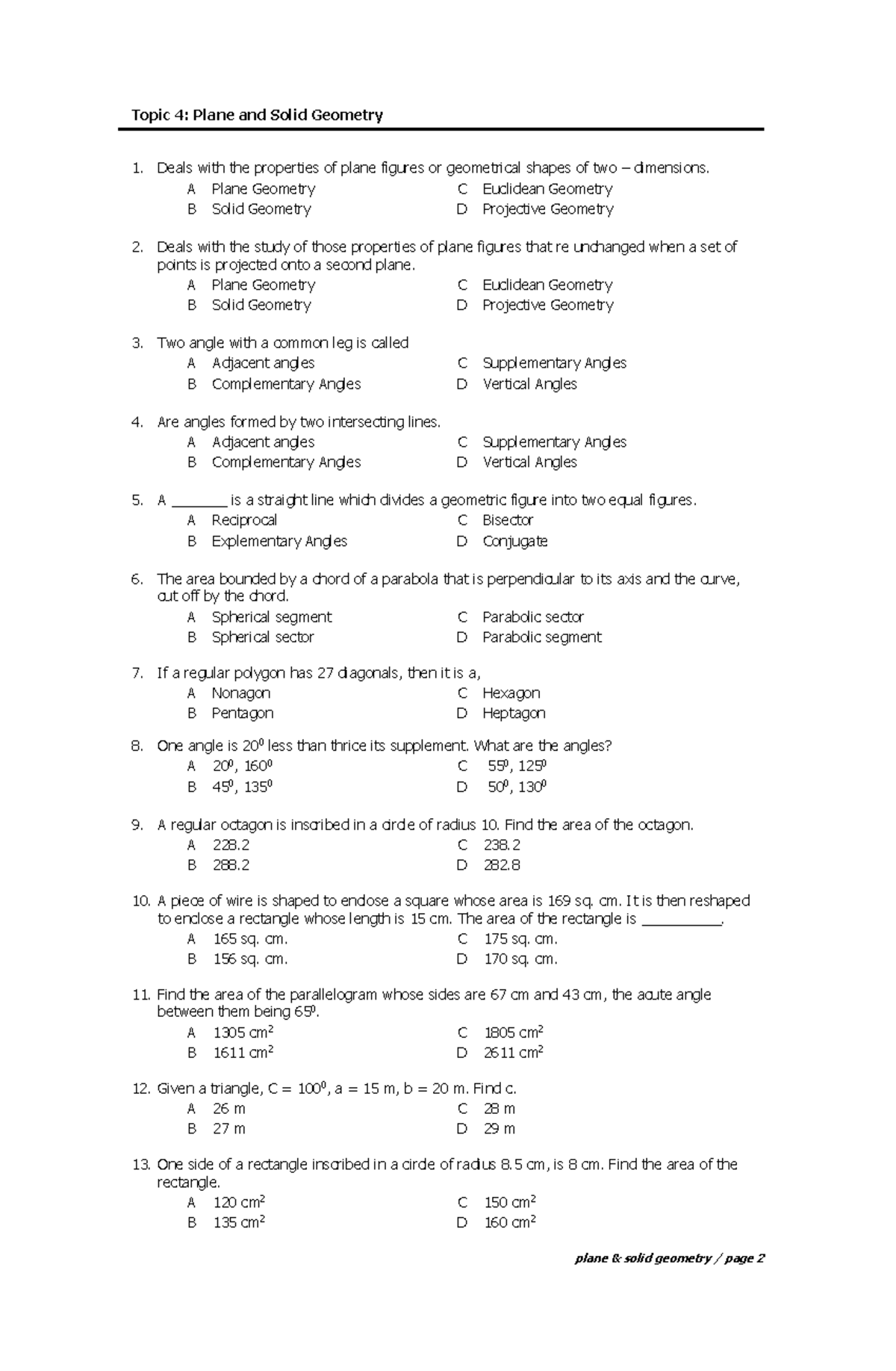 Plane and Solid Geometry Practice Problems - Topic 4: Plane and Solid ...