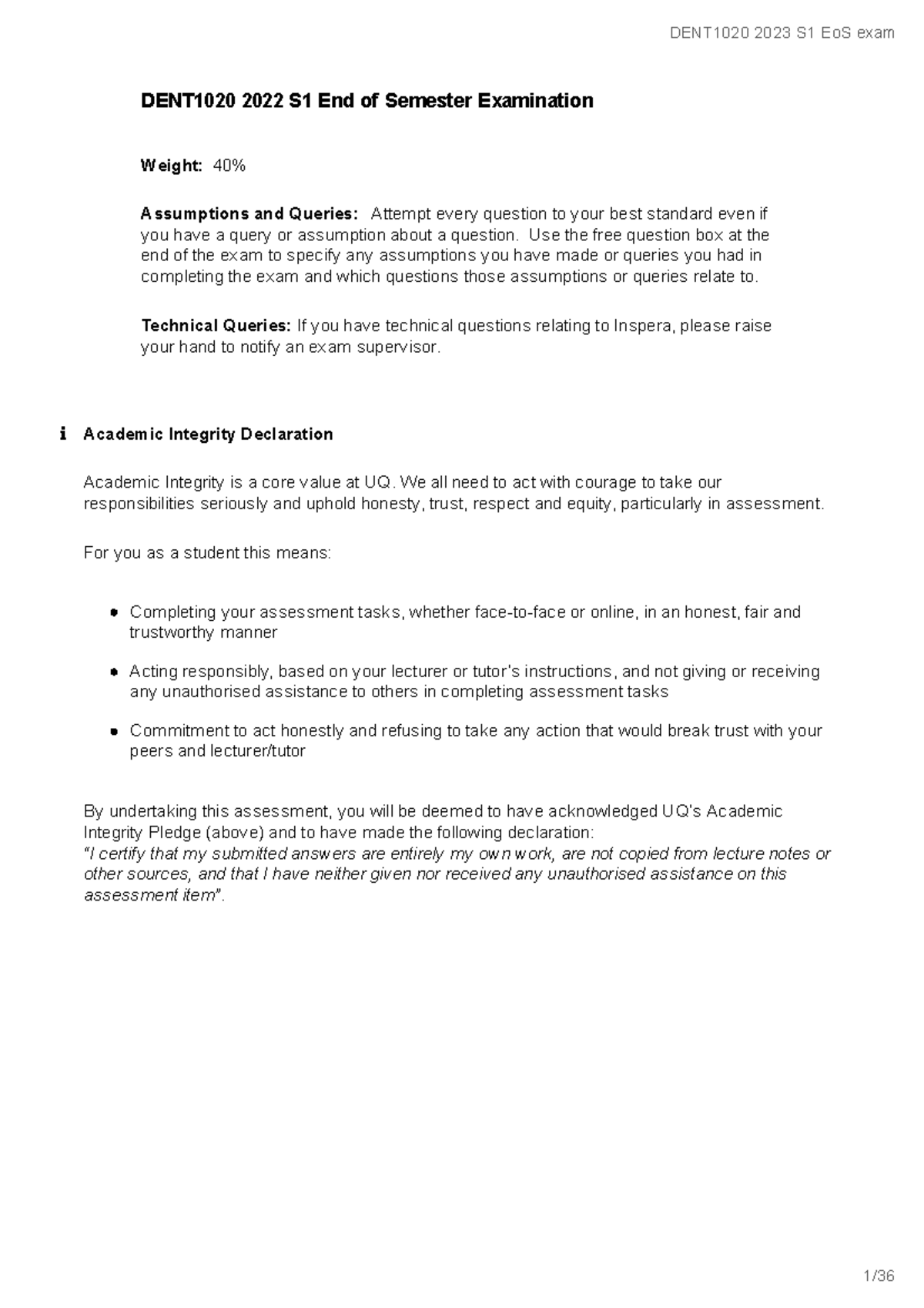 Semester One Final Examination 2023 DENT1020 - Academic Integrity ...