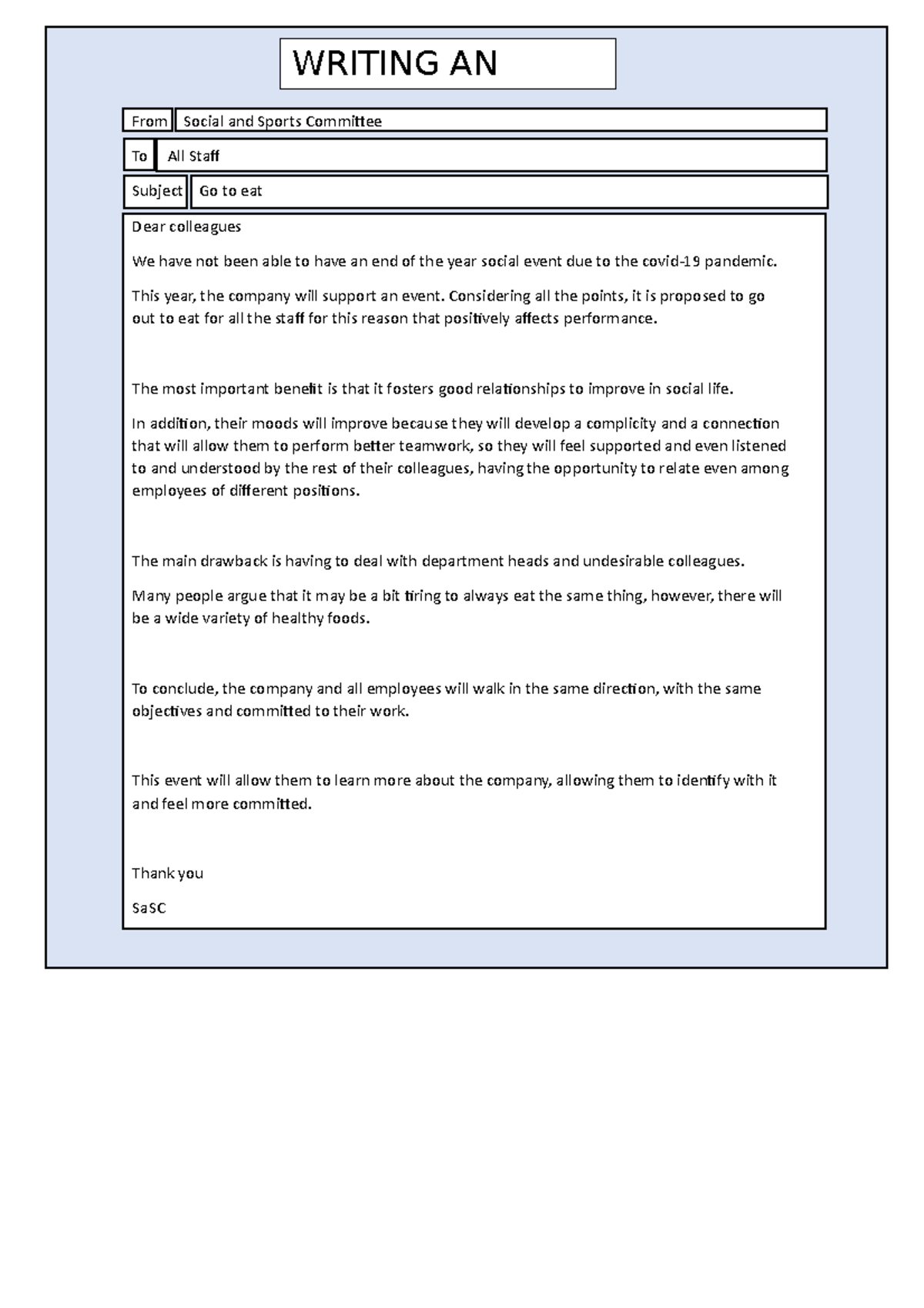Writing AN Email - les sirve - From Social and Sports Committee To All ...
