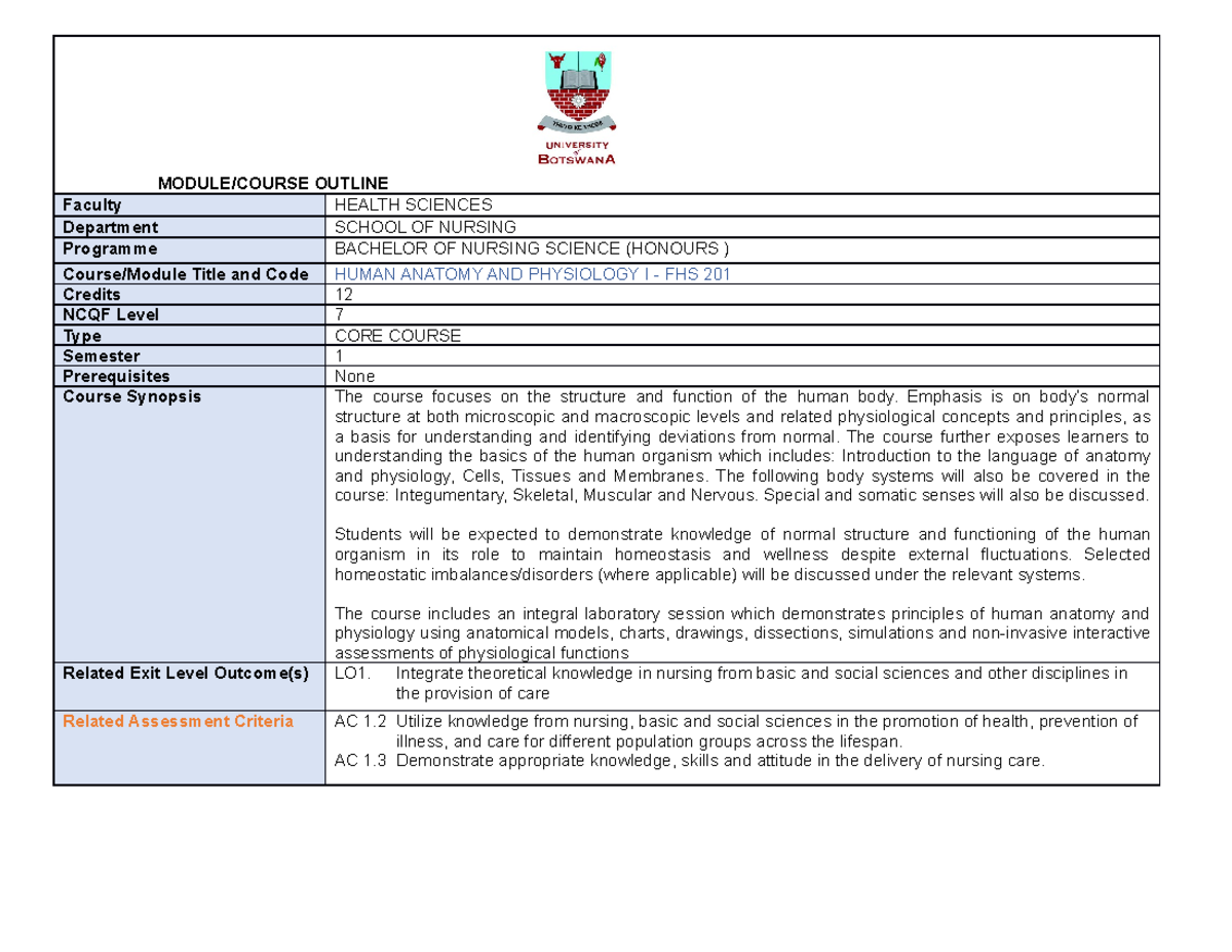 FHS 201 course outline - notes - MODULE/COURSE OUTLINE Faculty HEALTH ...