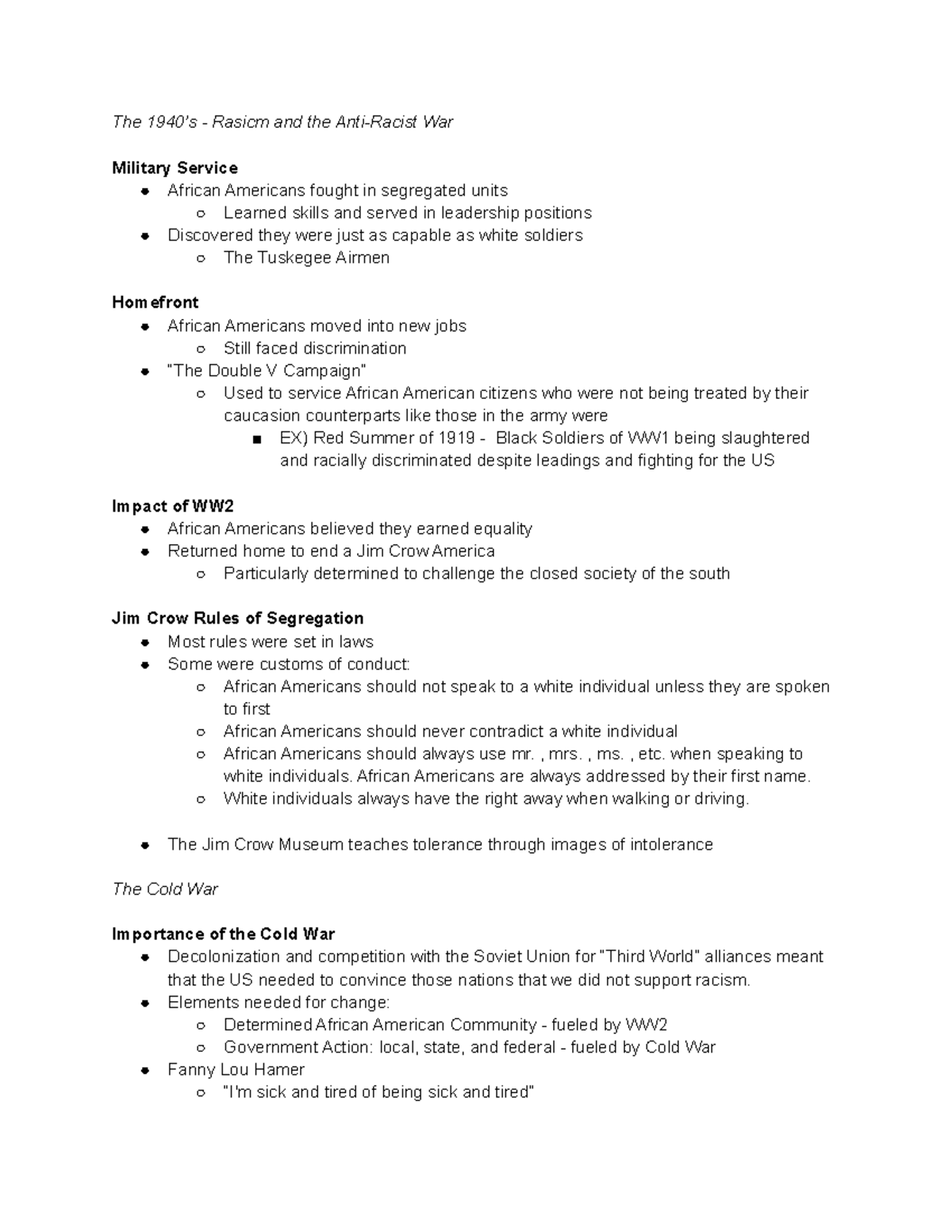 Civil Rights Movement Notes - The 1940’s - Rasicm and the Anti-Racist ...