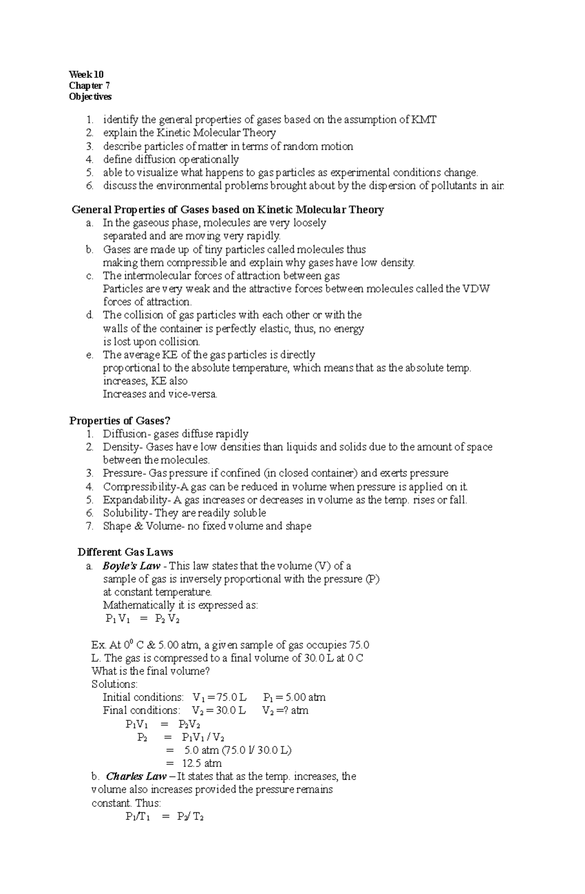 CHEM 111 Wk 10 Gas Laws A 1 - Week 10 Chapter 7 Objectives identify the ...