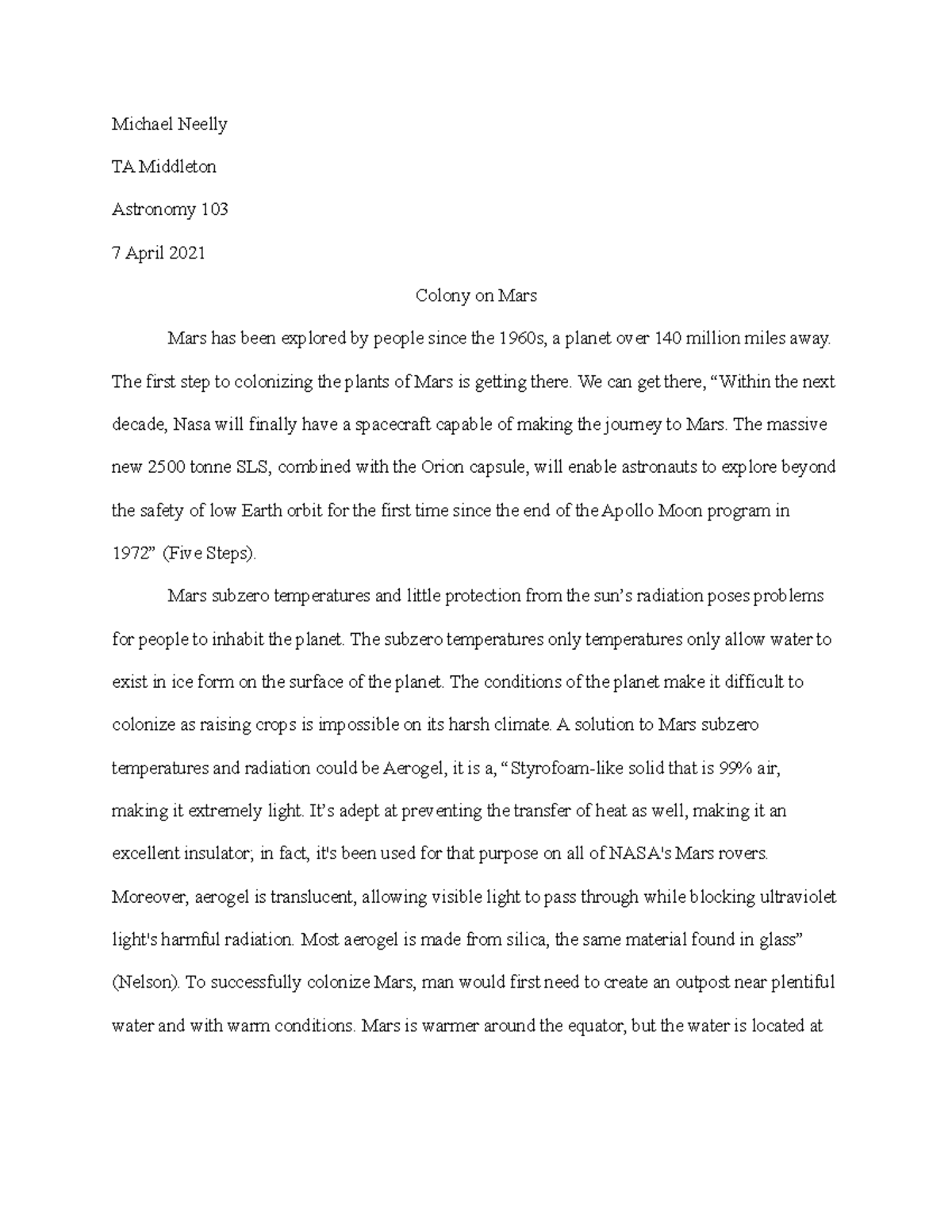 Colony on Mars - day 1 - Michael Neelly TA Middleton Astronomy 103 7 ...