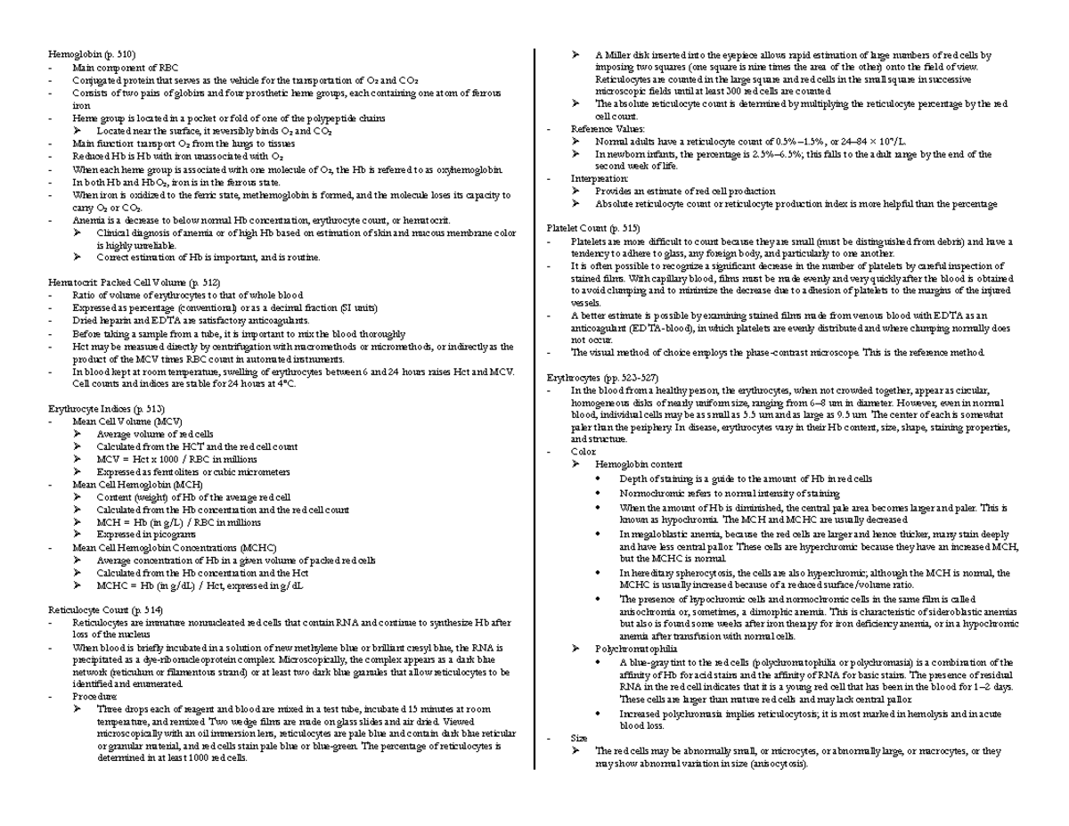 Hema Anatomy Notes - Hemoglobin (p. 510) Main component of RBC ...
