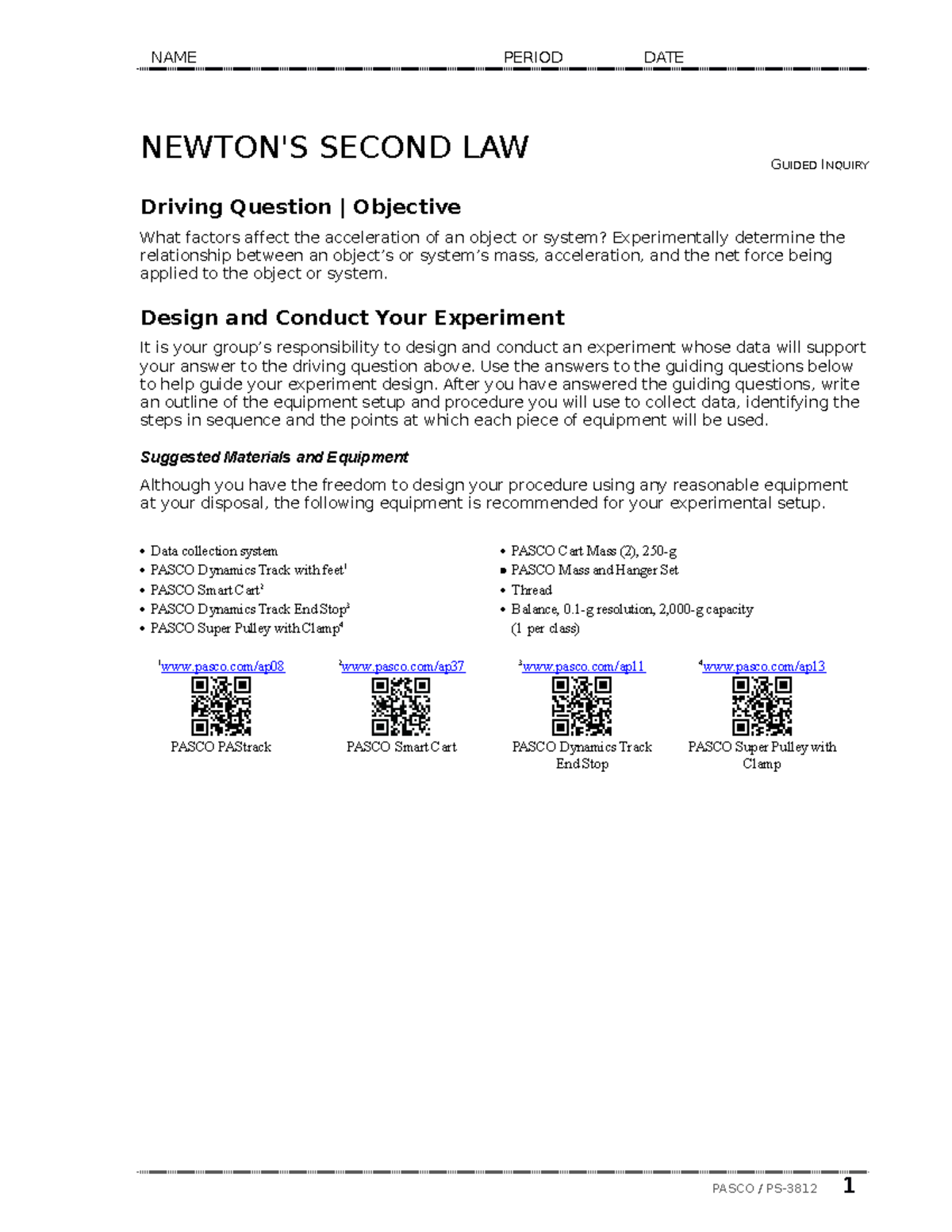02 AP1 Newtons Second Law GI - NAME PERIOD DATE NEWTON'S SECOND LAW ...