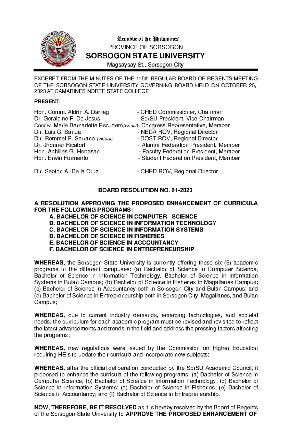 BOR-Resolution-No - Law - Republic of the Philippines PROVINCE OF SORSOGON SORSOGON STATE ...