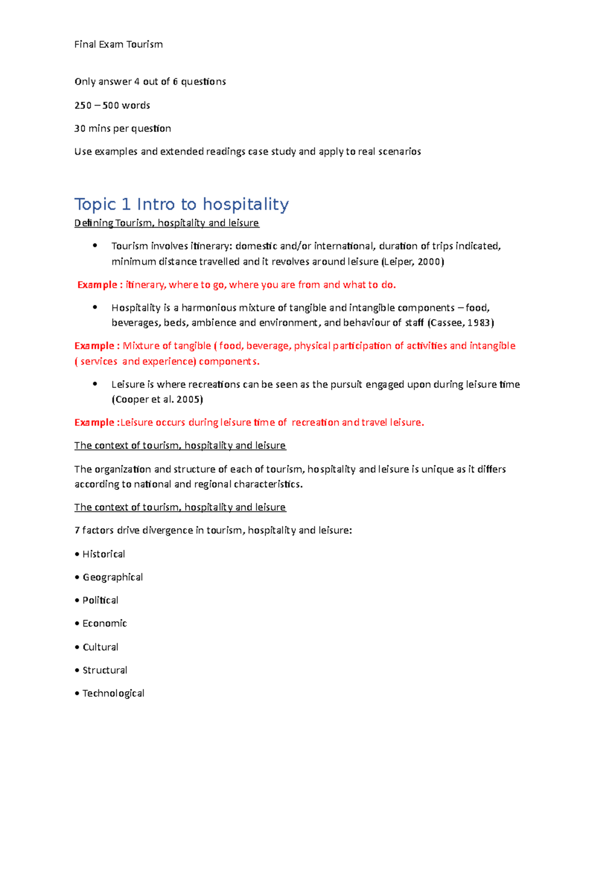 Final Exam Tourism - Only answer 4 out of 6 questions 250 – 500 words ...