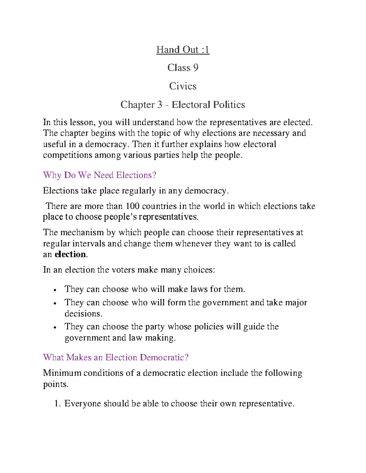Module -1,Hand out 1,Class 9, Civics Lesson 3,Electoral Politics - Hand ...