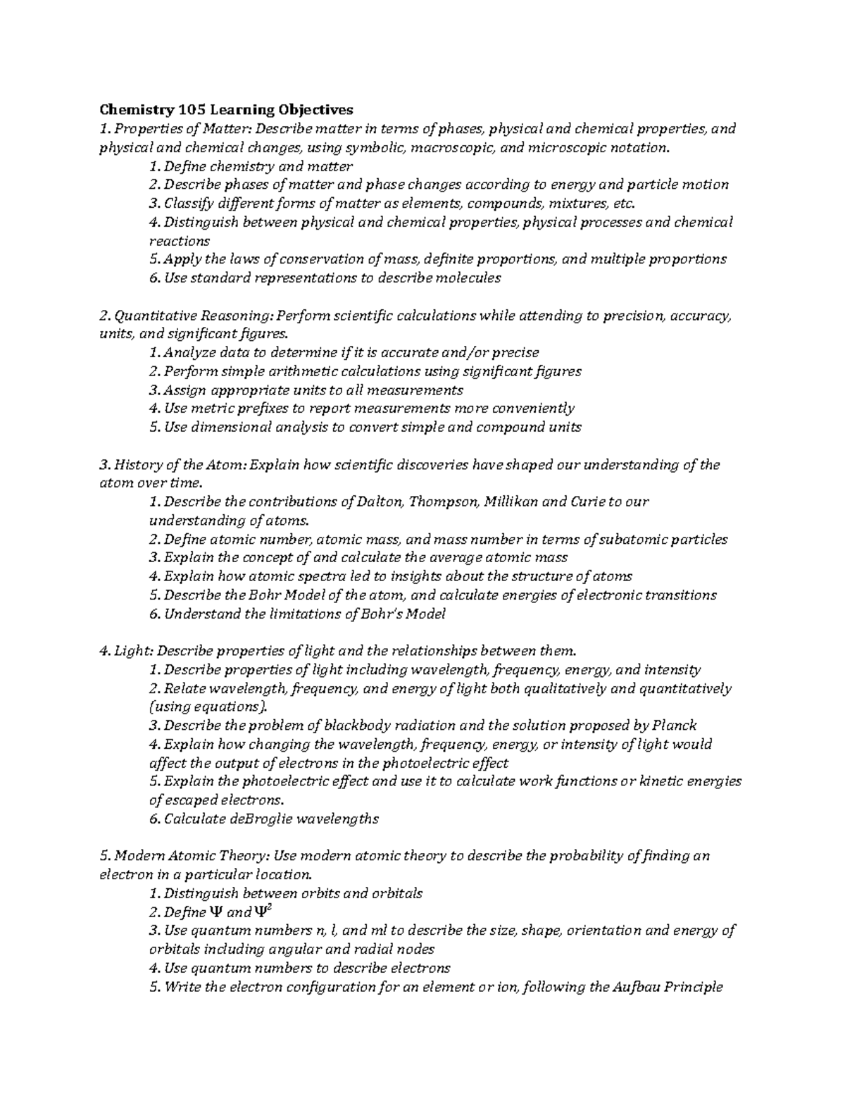 Chemistry 105 Learning Objectives - Chemistry 105 Learning Objectives ...