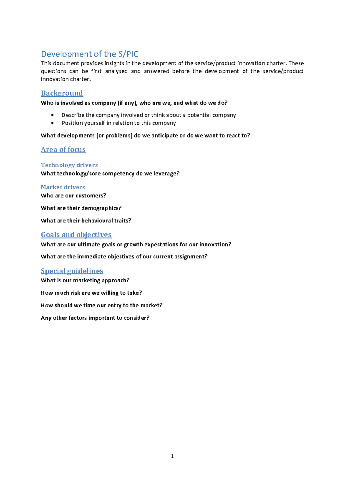 Questions for developing S-PIC and example - 1 Development of the S/PIC ...