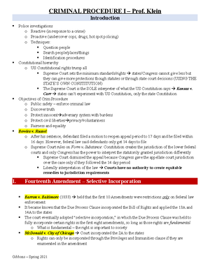 CRIM PRO Outline - I. Incorporation and the Constitutional Hierarchy (a ...