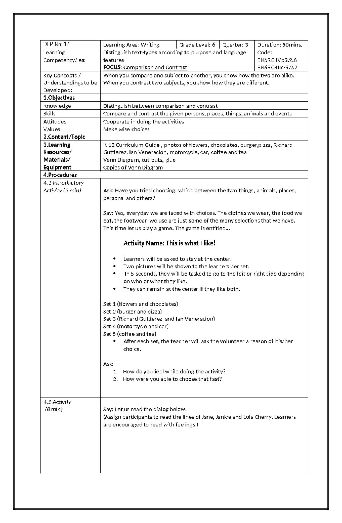 Compare and Contrast Inset for demonstration 1 - DLP No: 17 Learning ...