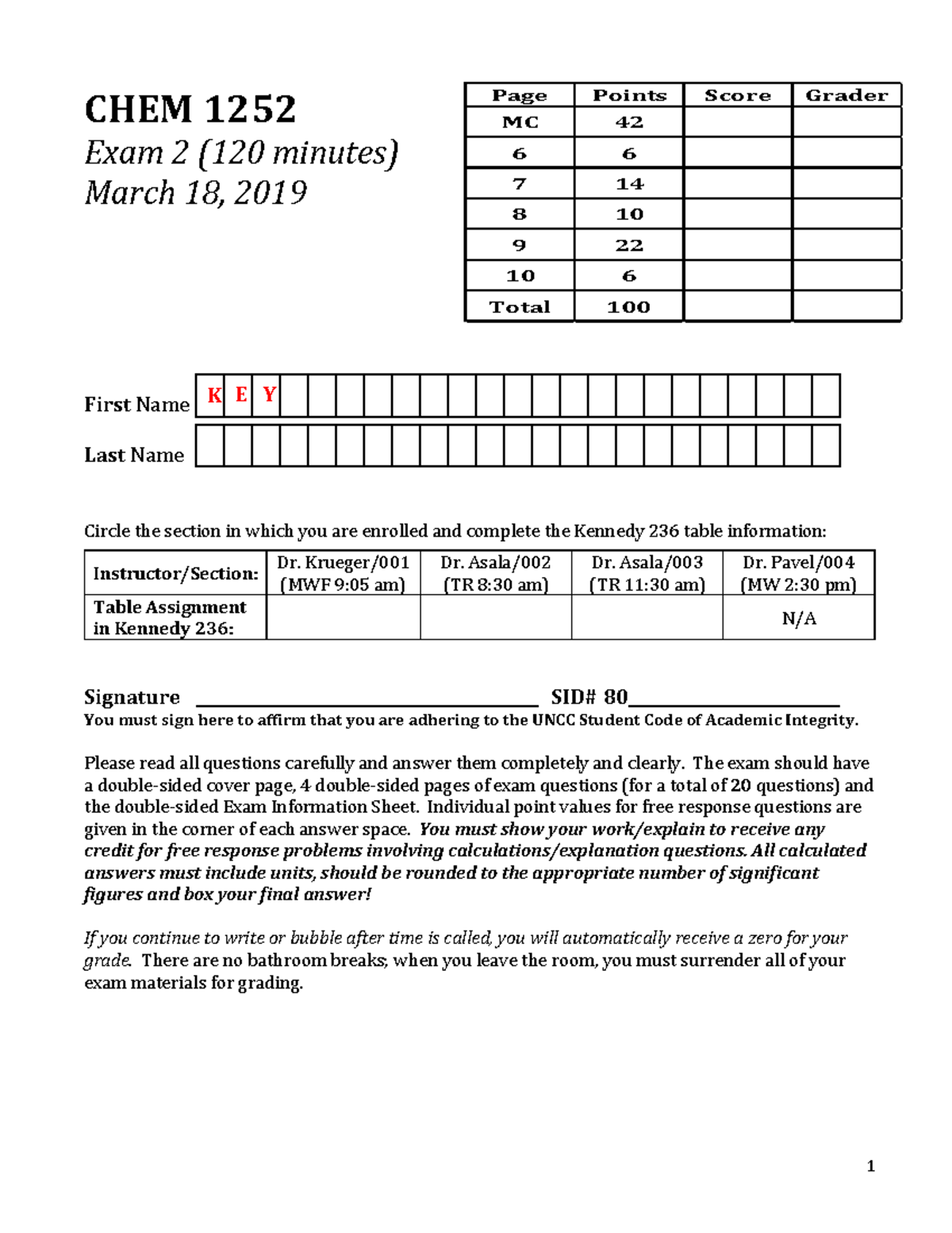 S19 CHEM 1252 Exam 2 (revised for Solutions and Kinetics) KEY - CHEM ...