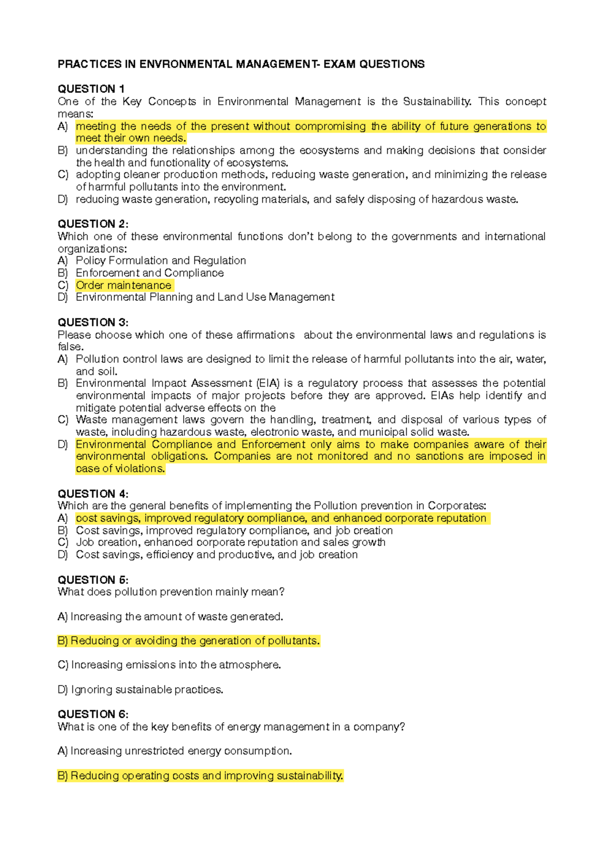 Exam questions, - PRACTICES IN ENVRONMENTAL MANAGEMENT- EXAM QUESTIONS ...