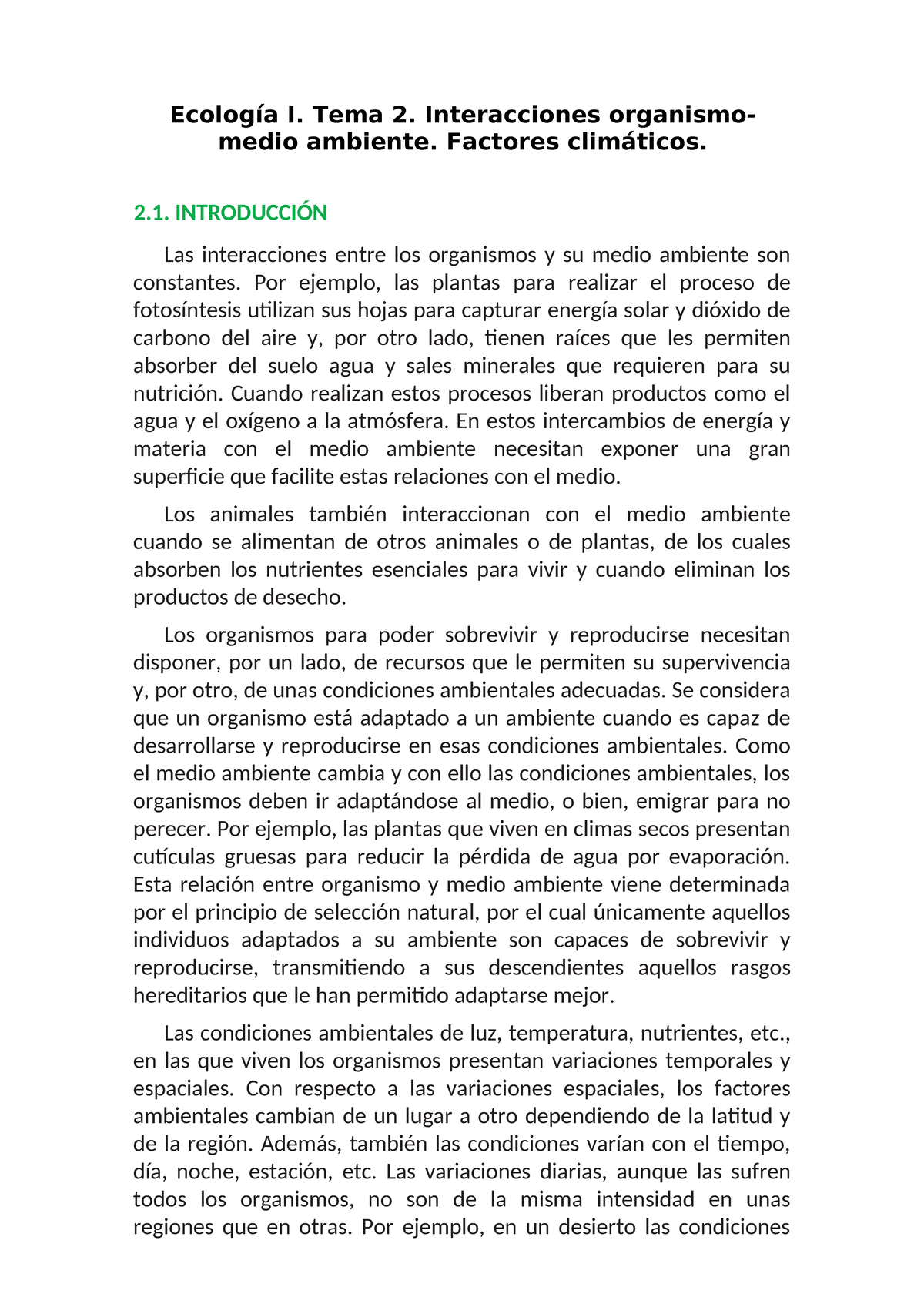 Ecología I. Tema 2 - Tema 2 corregido y subrayado - Ecología I. Tema 2 ...