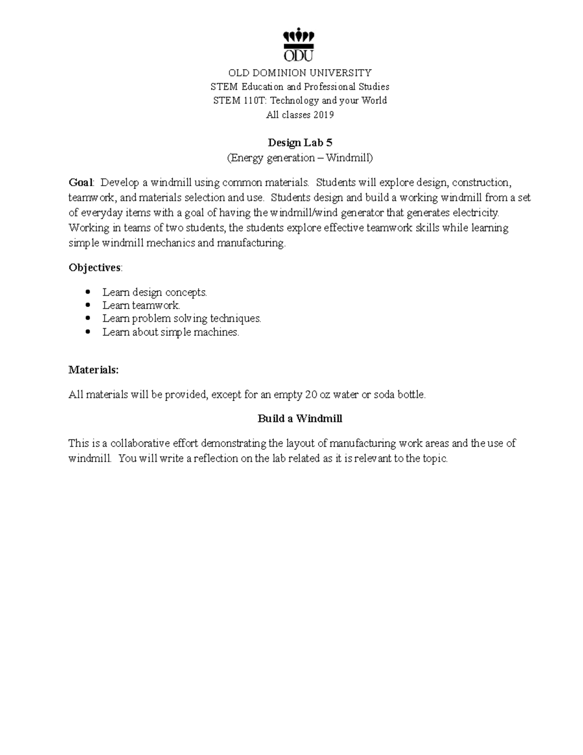 Lab 5 Energy - Wind energy Wind Mill Lesson Plan - STEM Education and ...