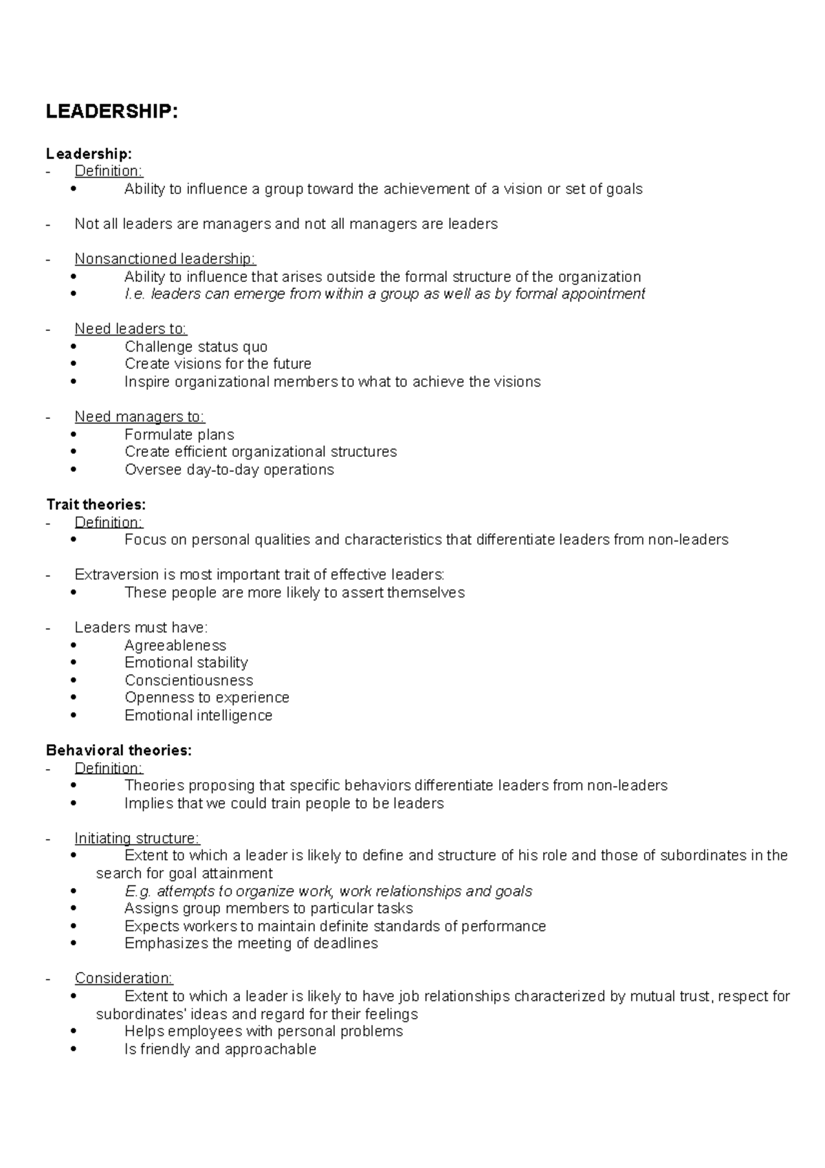 Leadership - Lecture notes 4 - LEADERSHIP: Leadership: Definition ...