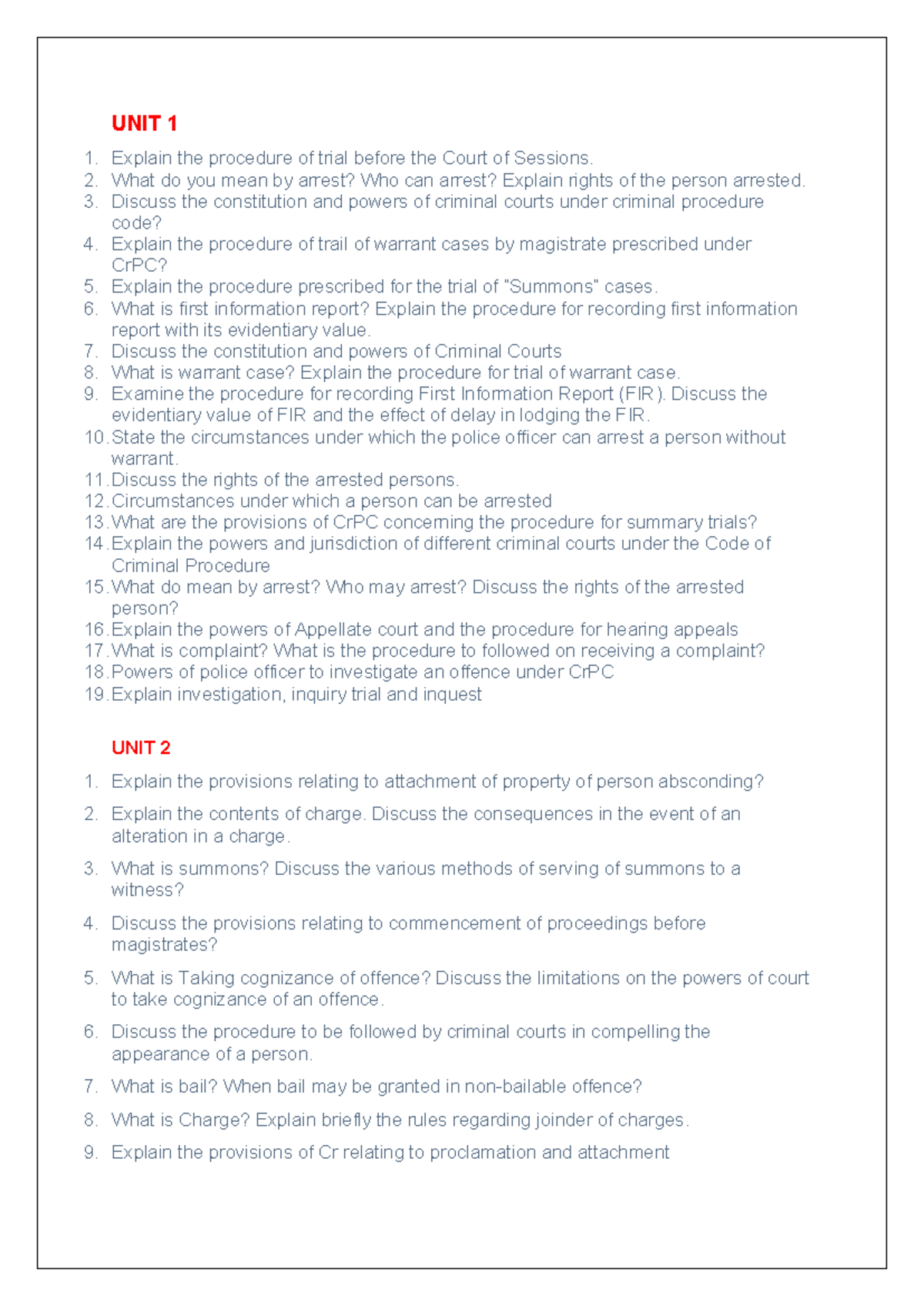 Imp question of crpc - refernce - UNIT 1 Explain the procedure of trial before the Court of ...