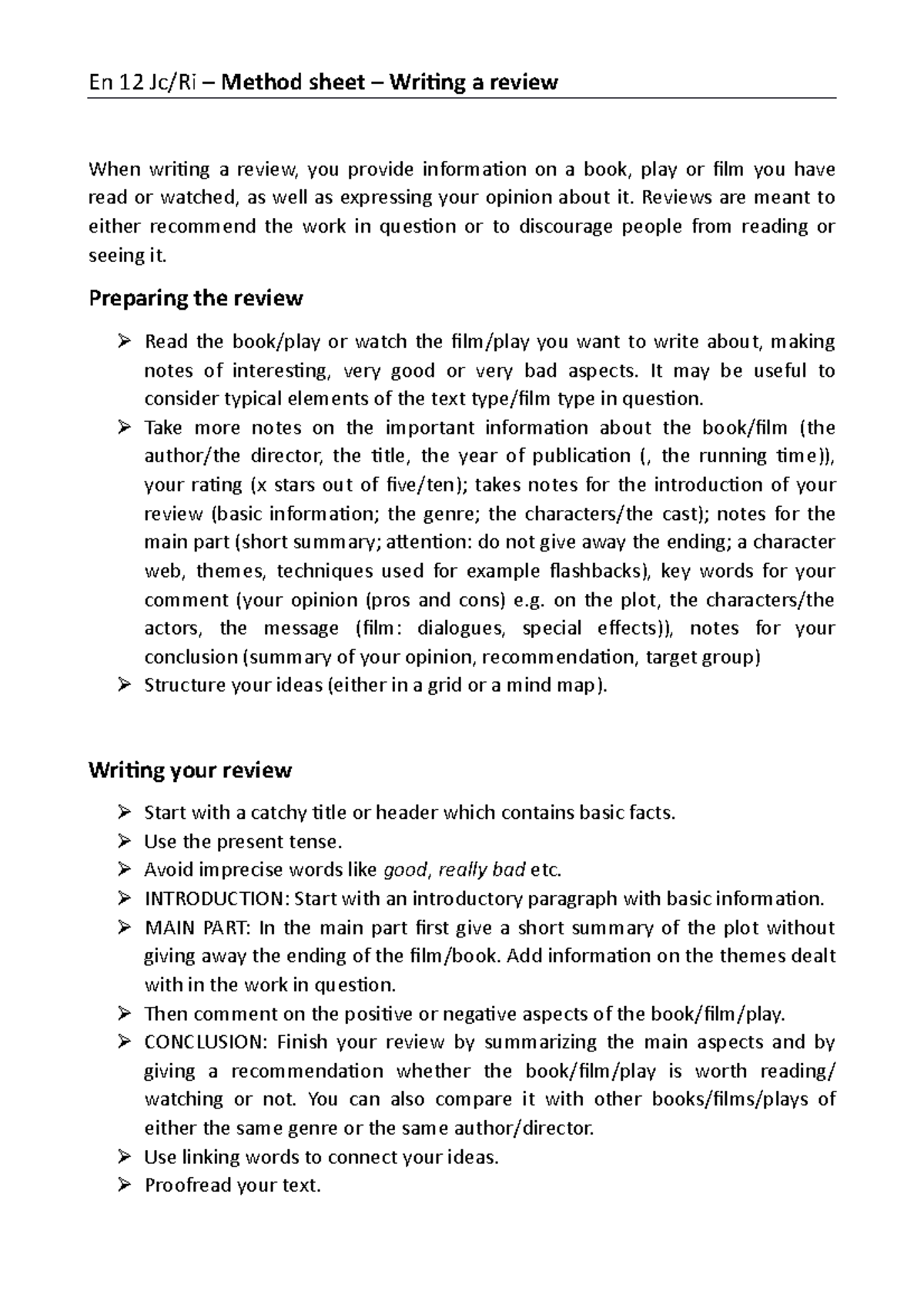 Method sheet - Writing a review - En 12 Jc/Ri – Method sheet – Writing ...