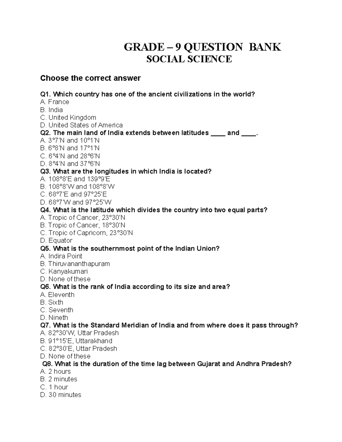 Grade 9 question bank social - GRADE – 9 QUESTION BANK SOCIAL SCIENCE ...