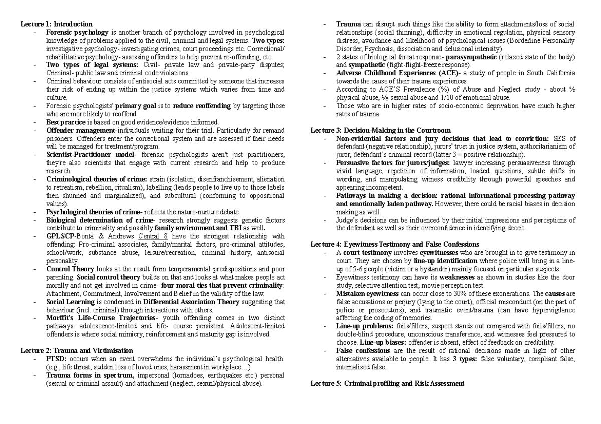 PSYC330 Cheat Sheet 1 - Lecture 1: Introduction - Forensic psychology ...