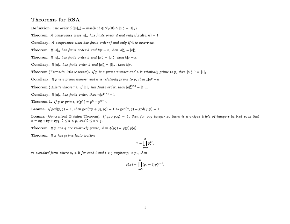 Lecture notes, lecture Theorems for RSA - Guide - Theorems for RSA ...