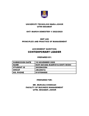 Assignment 2 MGT420 - INDIVIDUAL REFLECTION ESSAY - UITM CAWANGAN SABAH ...